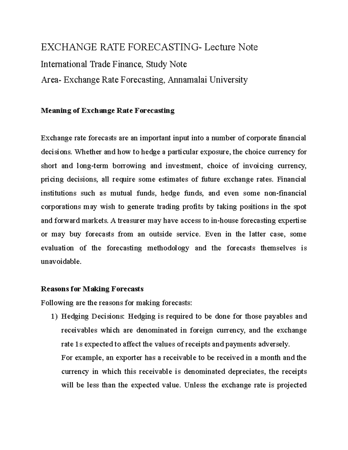 Exchange RATE Forecasting - EXCHANGE RATE FORECASTING- Lecture Note ...