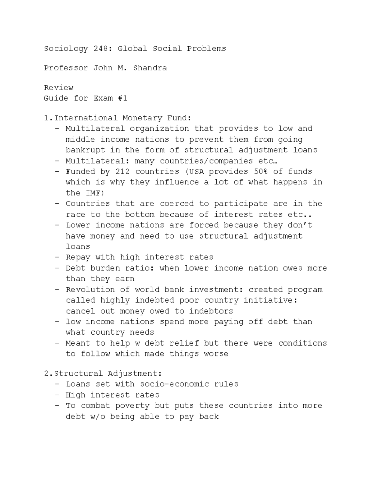 SOC EXAM 1 Study Guide - Sociology 248: Global Social Problems ...