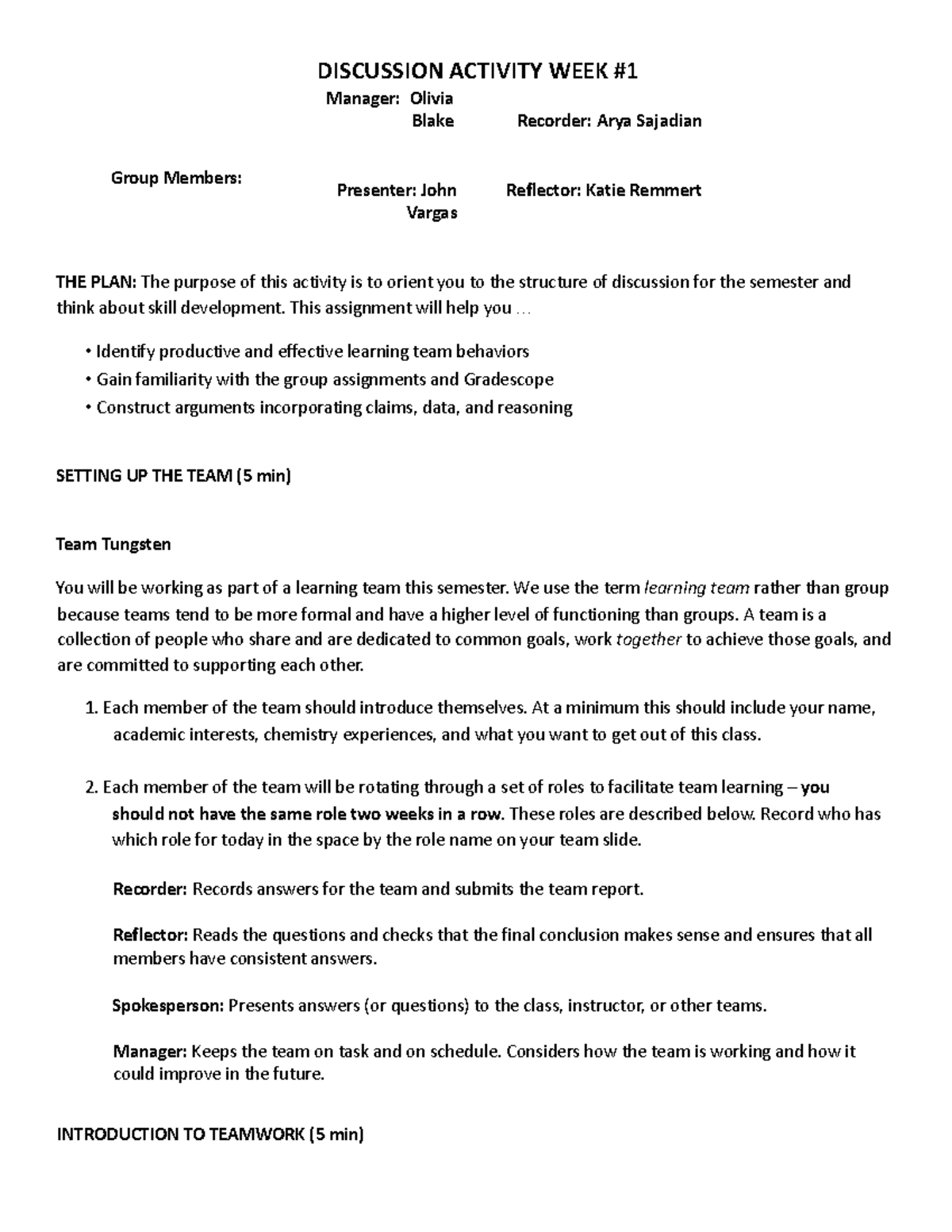 Discussion Worksheet Week 1 - DISCUSSION ACTIVITY WEEK Group Members ...