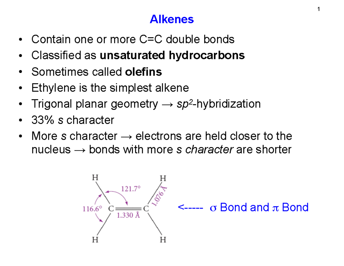 Chapter 4 - 1 Alkenes Contain one or more double bonds Classified as ...
