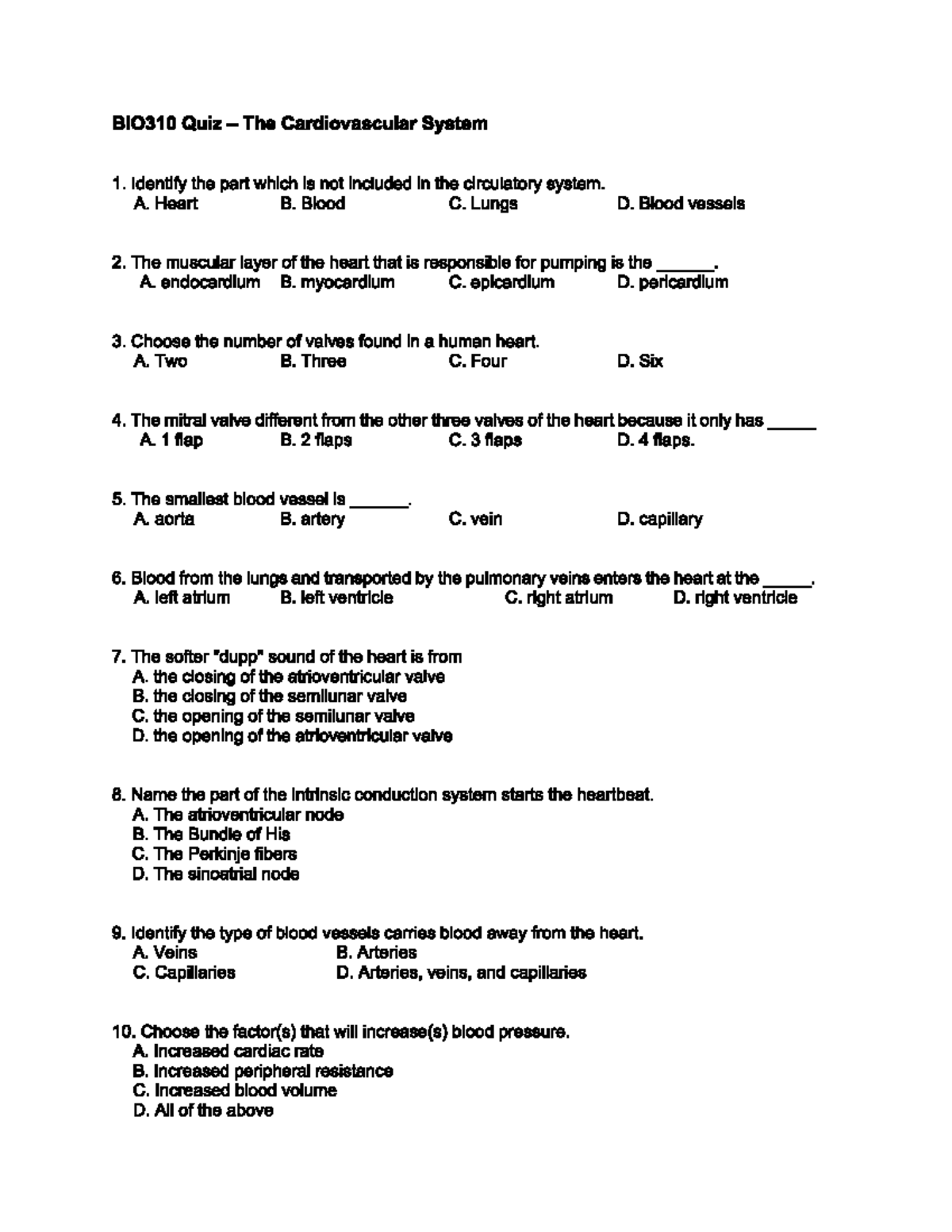 BIO310 QUIZ 2 - Quiz questions. Practice test - Introduction To Human ...