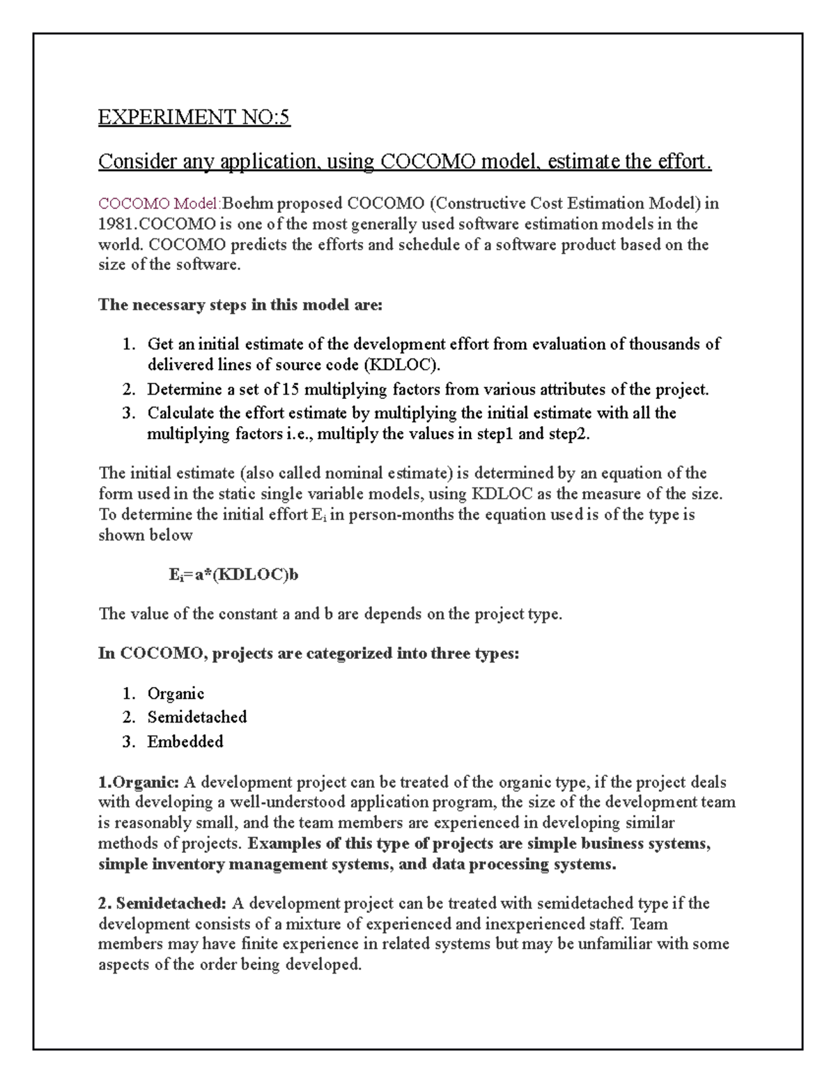SE Experiment 5 - EXPERIMENT NO: Consider any application, using COCOMO ...