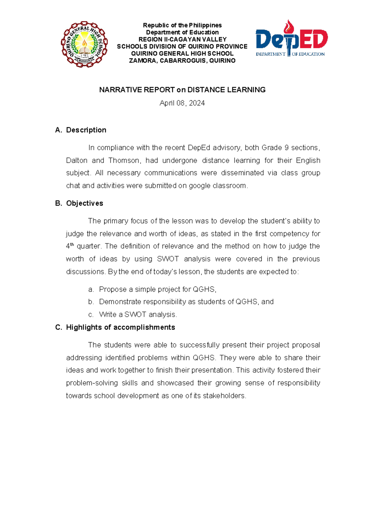 Narrative Report (April 8, 2024) - Republic of the Philippines ...