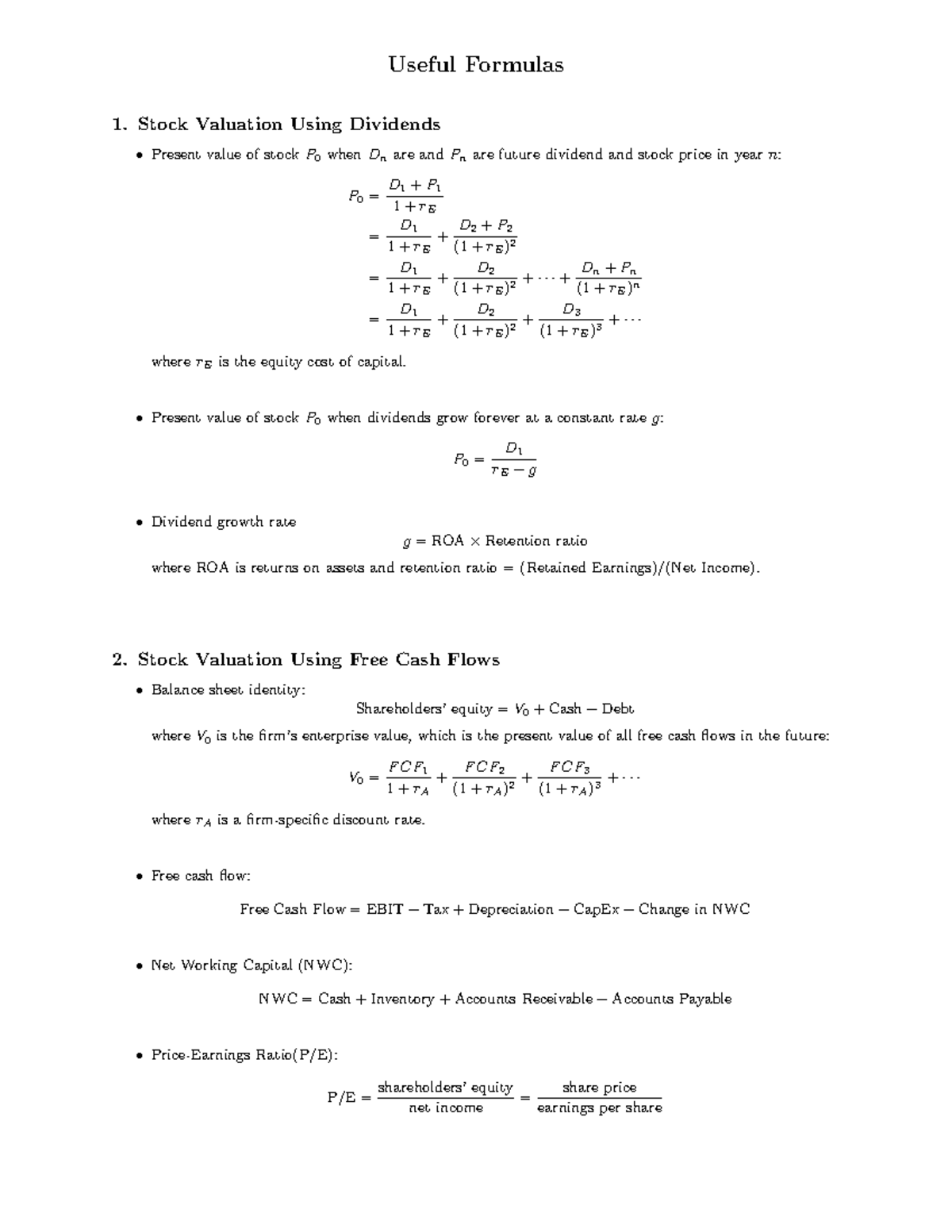 Mgmt 326 formula sheet - Useful Formulas 1. Stock Valuation Using ...