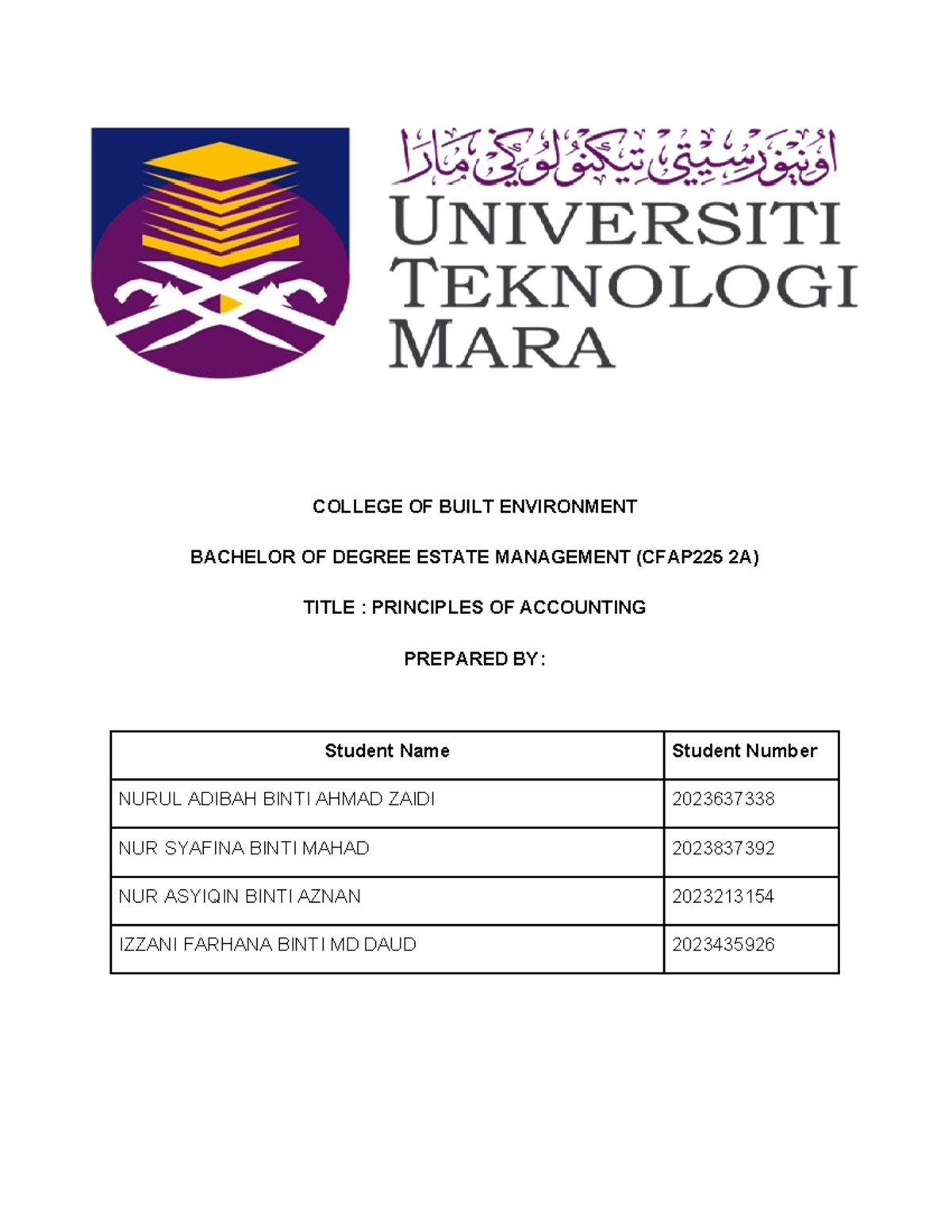RES458 Accounting - GROUP ASSIGNMENTS - COLLEGE OF BUILT ENVIRONMENT ...