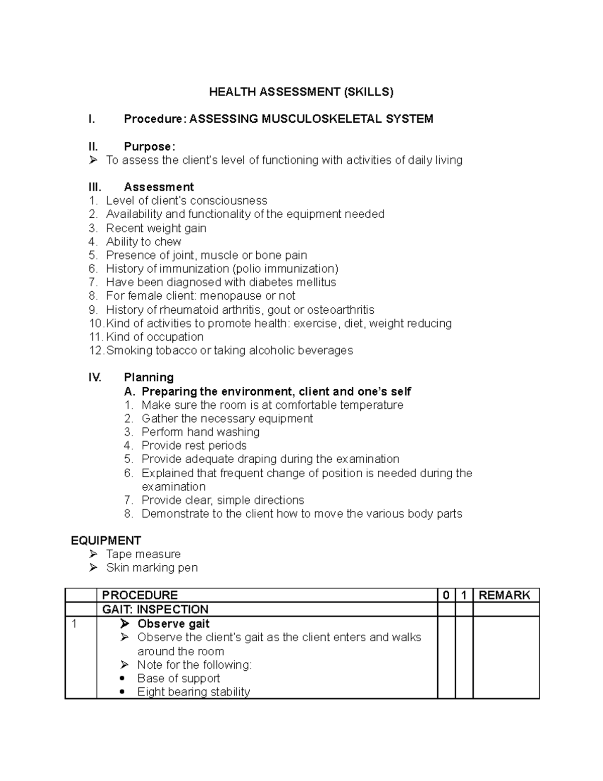 Musculoskeletal Assessment - HEALTH ASSESSMENT (SKILLS) I. Procedure ...