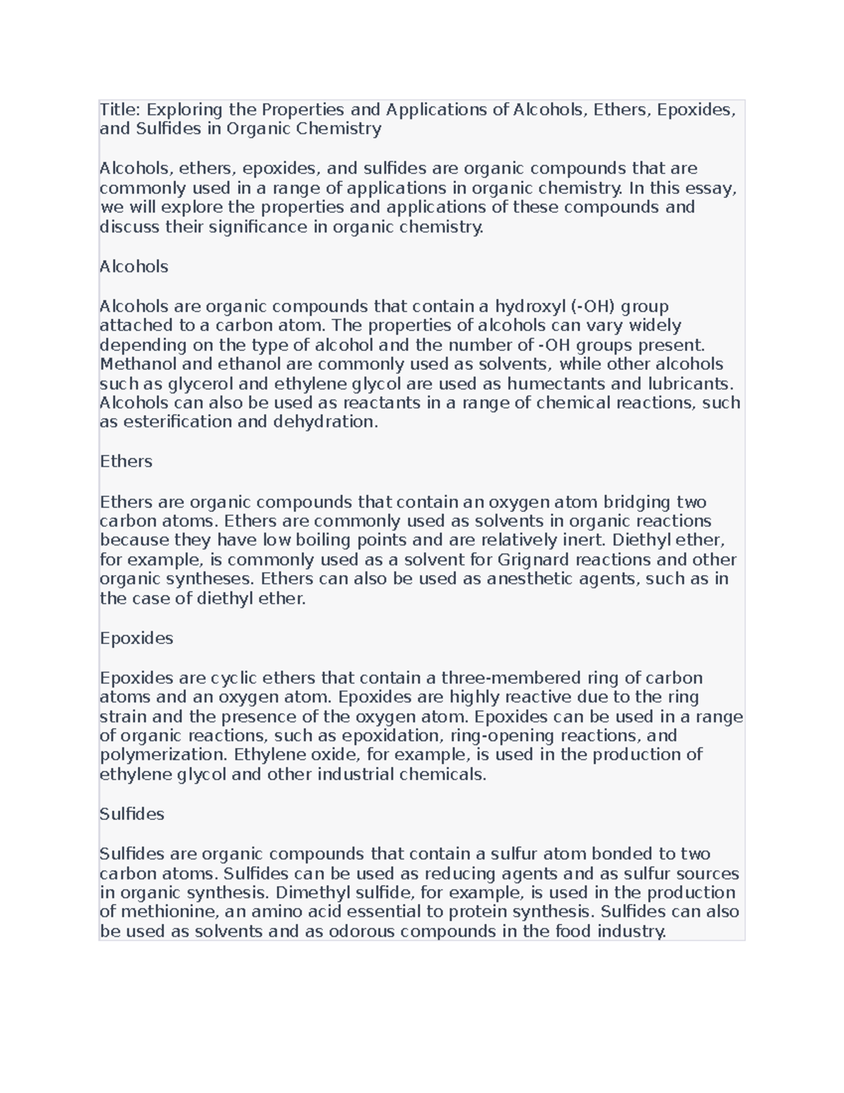 Exploring the Properties and Applications of Alcohols, Ethers, Epoxides ...