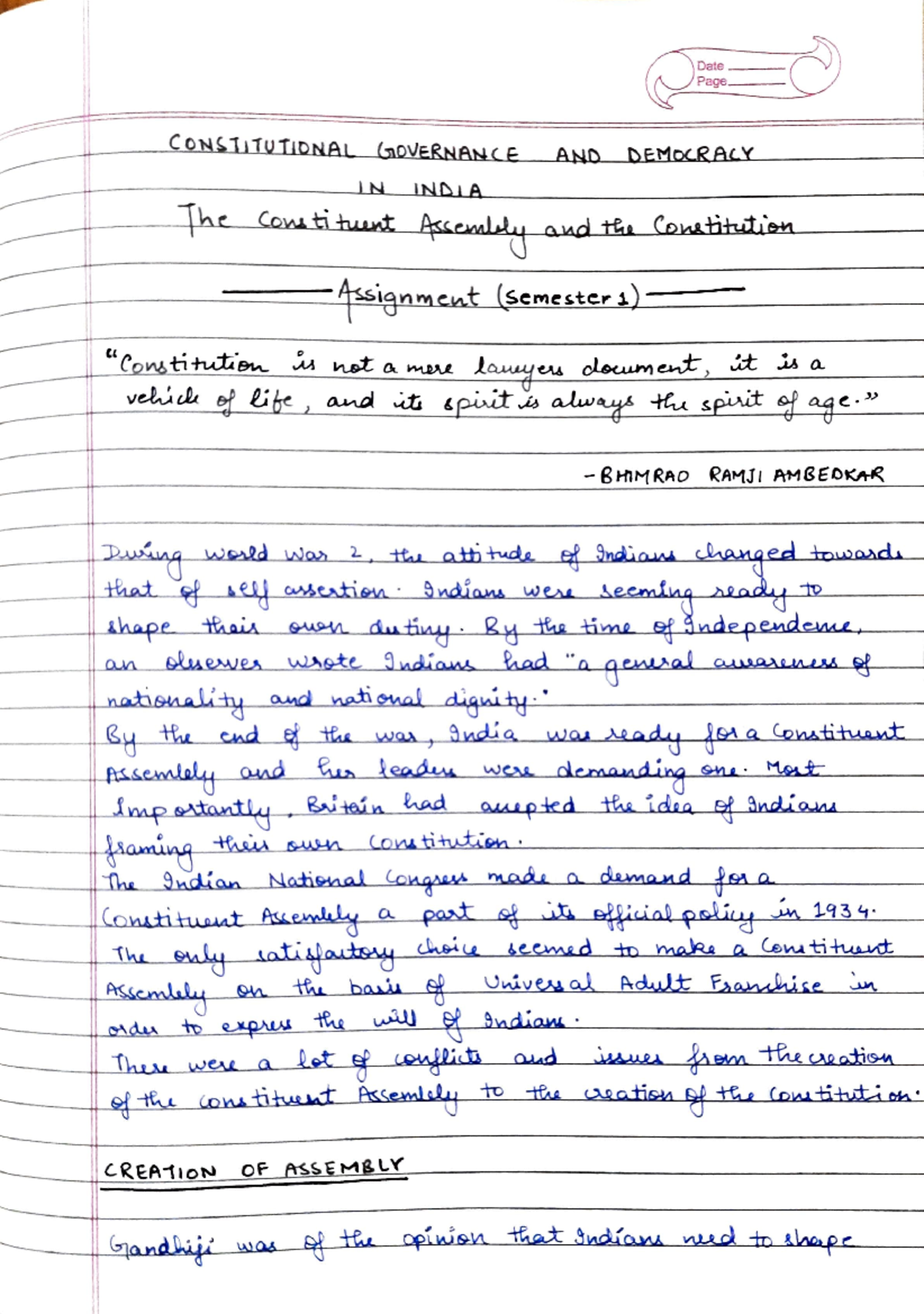 CGDI - CONSTITUTIONAL GOVERNANCE AND DEMOCRACY IN INDIA THE CONSTITUENT ASSEMBLY AND - Date Page ...