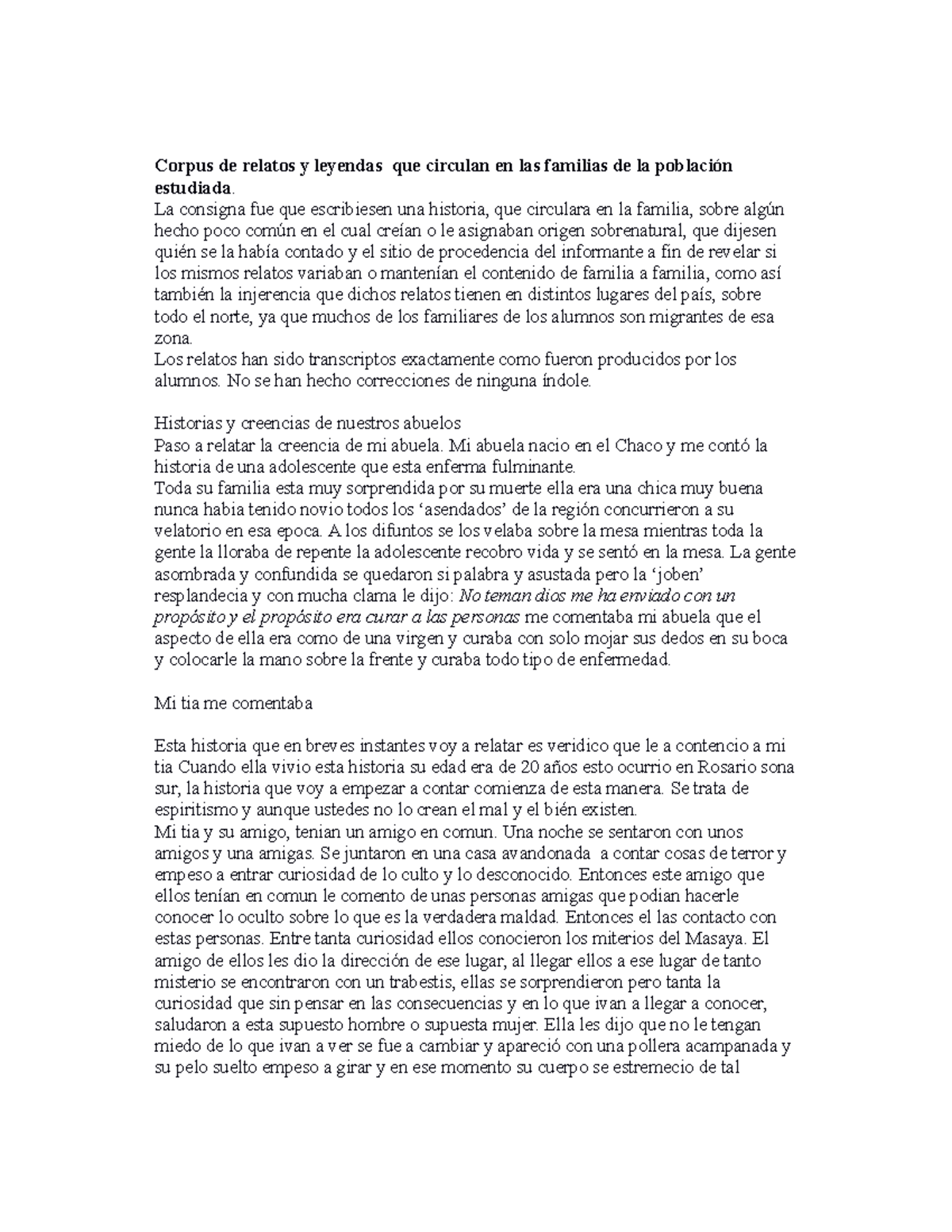 Corpus de relatos y leyendas que circulan en las familias de la ...