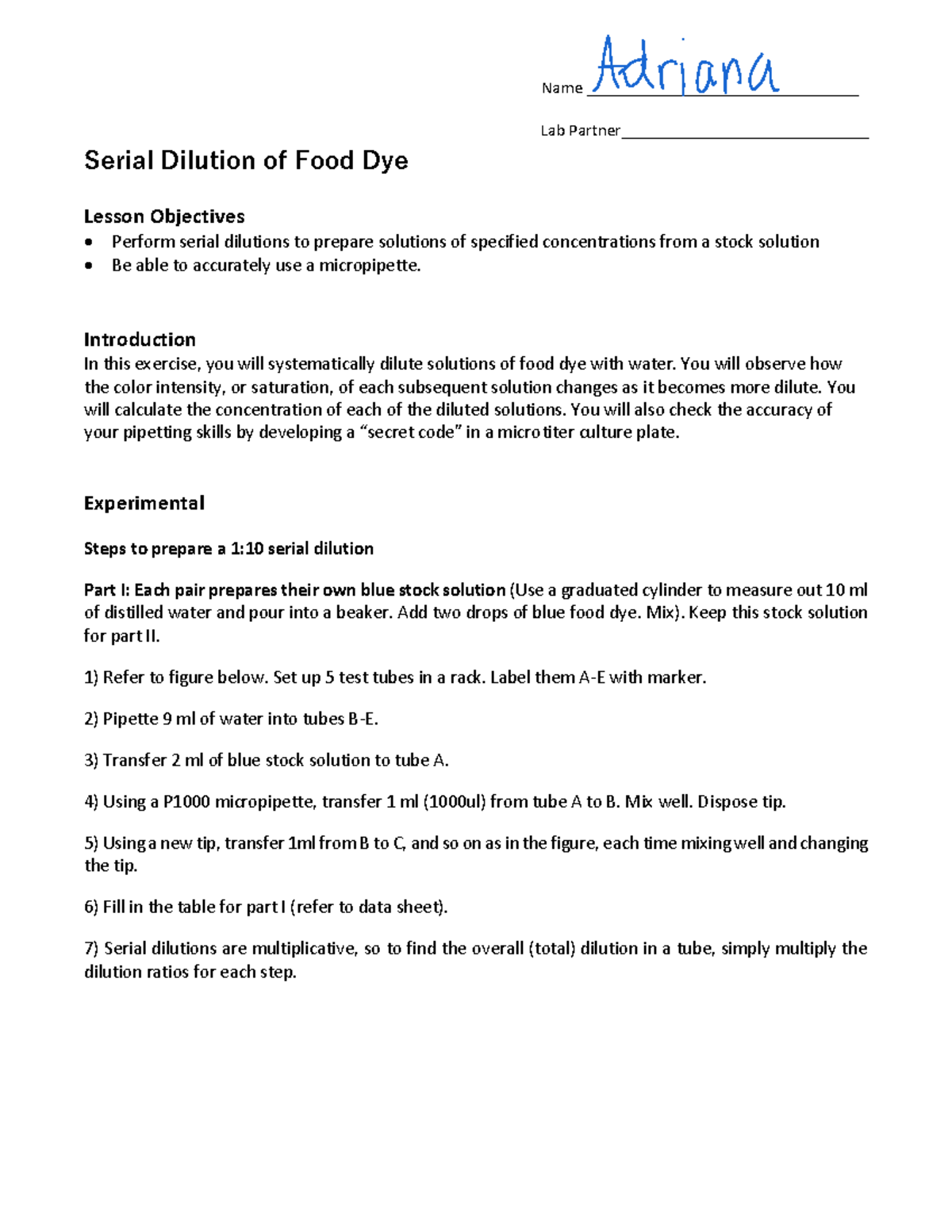 Lab 6 Serial Dilution of Food Dye - Lab Partner ...
