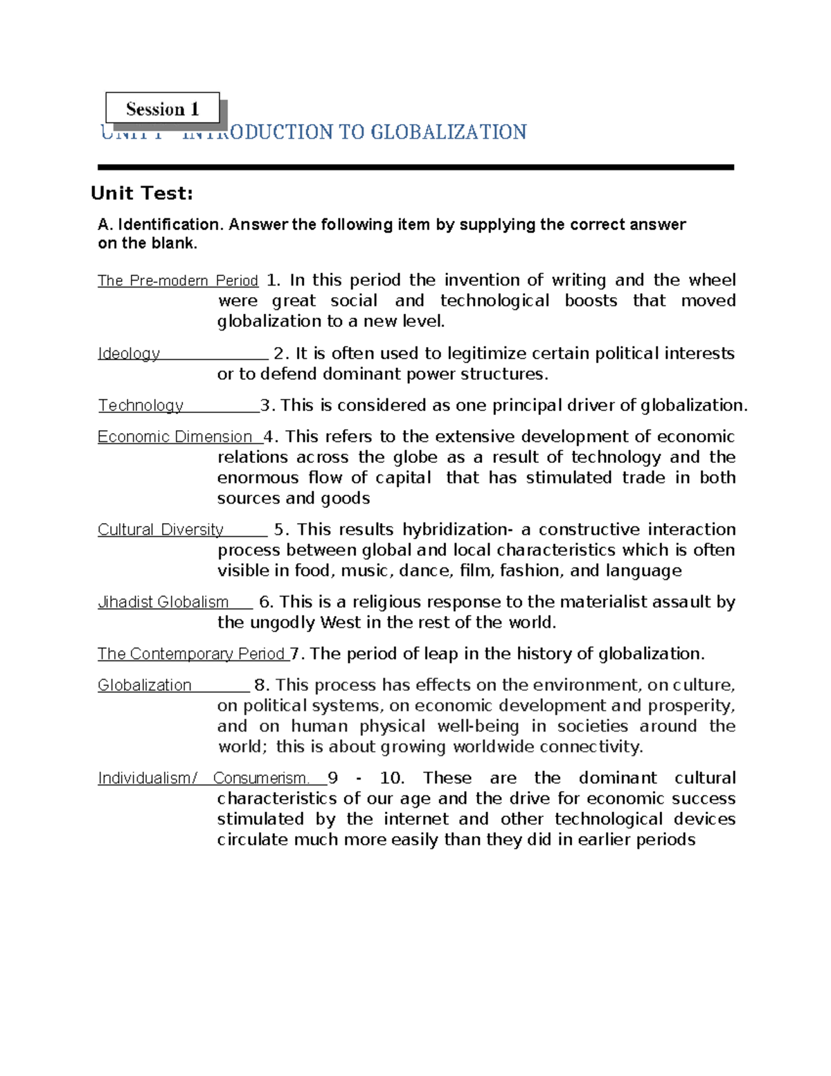 Reyes UNIT I Introduction TO Globalization - UNIT I INTRODUCTION TO ...