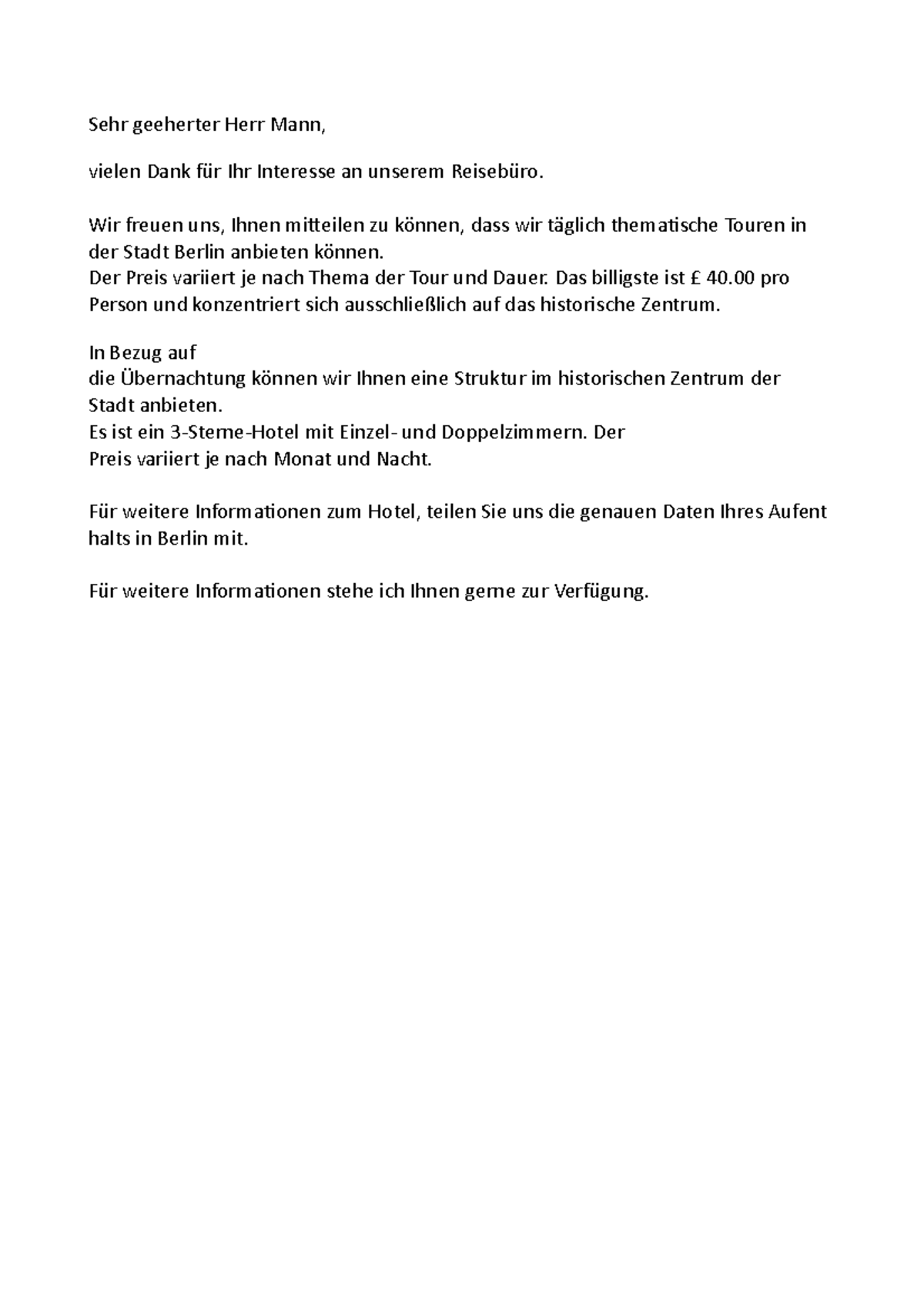 German letter to office - formal - Sehr geeherter Herr Mann, - Studocu