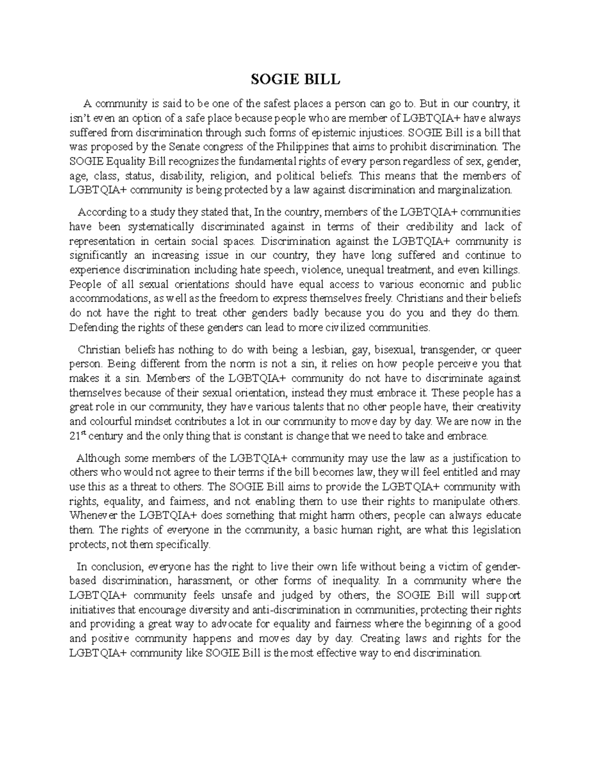 Sogie BILL - SOGIE BILL A community is said to be one of the safest ...