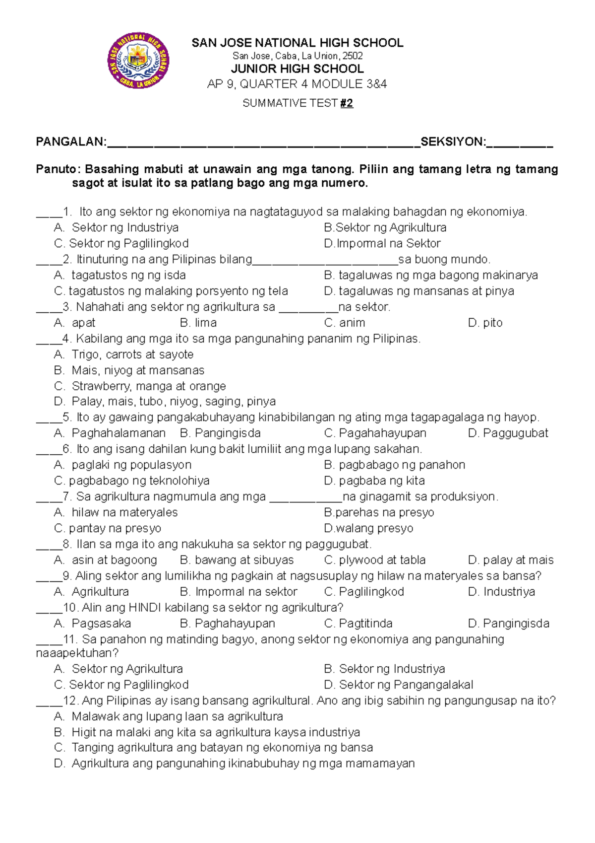 AP9-SUM2 - Summative test for quarter 4 - SAN JOSE NATIONAL HIGH SCHOOL ...