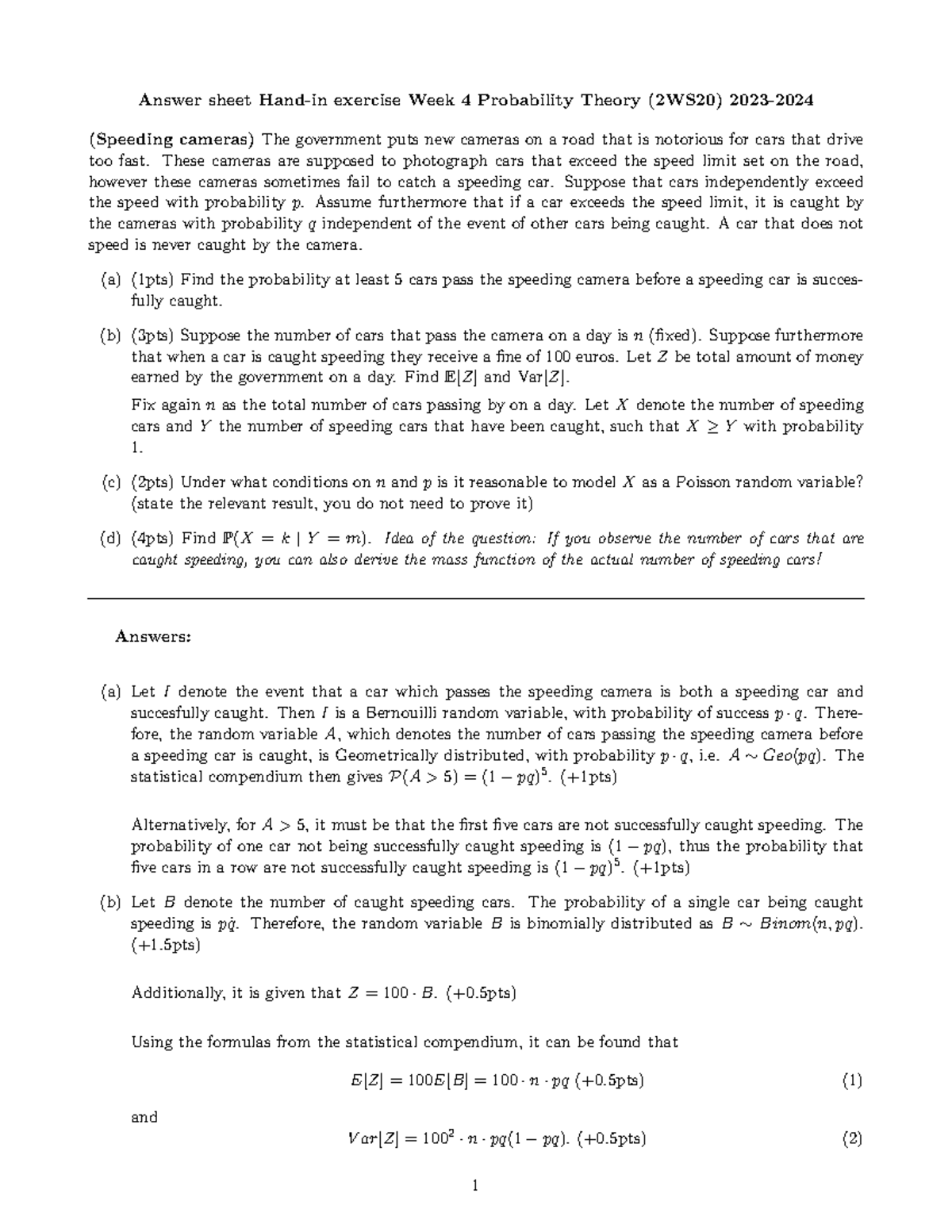 Answer sheet probability theory w4 - Answer sheet Hand-in exercise Week ...