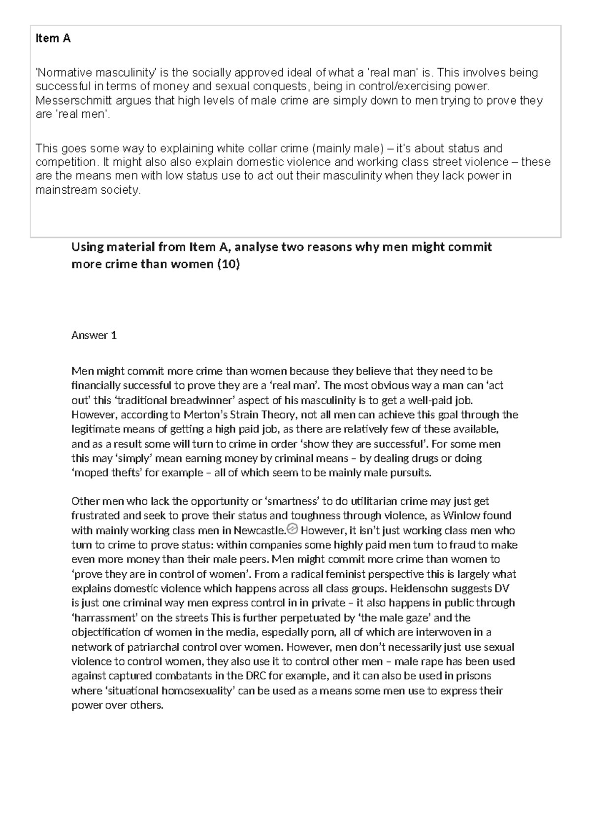 10 mark question and example answers - Using material from Item A ...