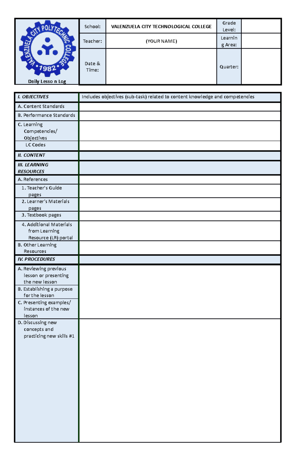 DLL Template - Use in practical teaching - Daily Lesso n Log School ...