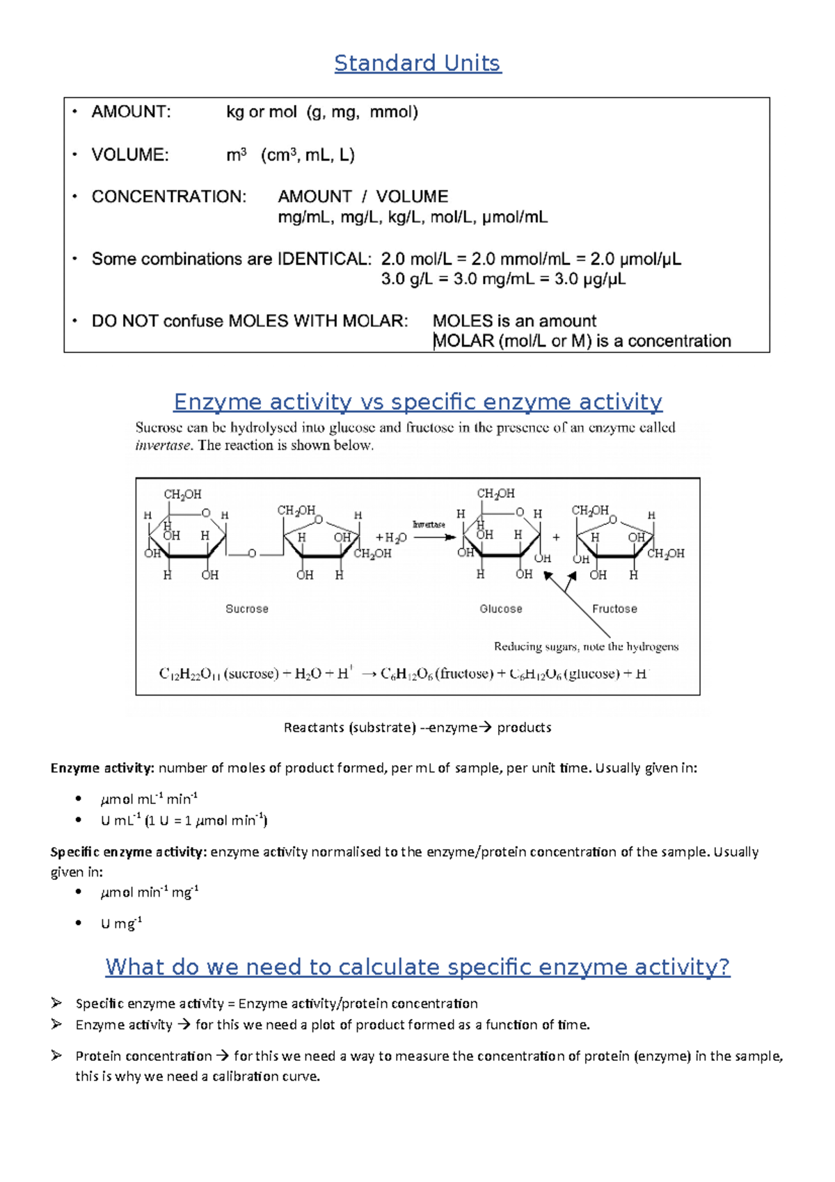 Practical Test Notes - Standard Units Enzyme activity vs specific ...