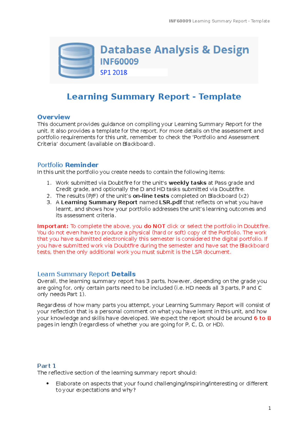 Inf60009 Lsr Template Databas Learning Summary Report Learning Summary Report Template