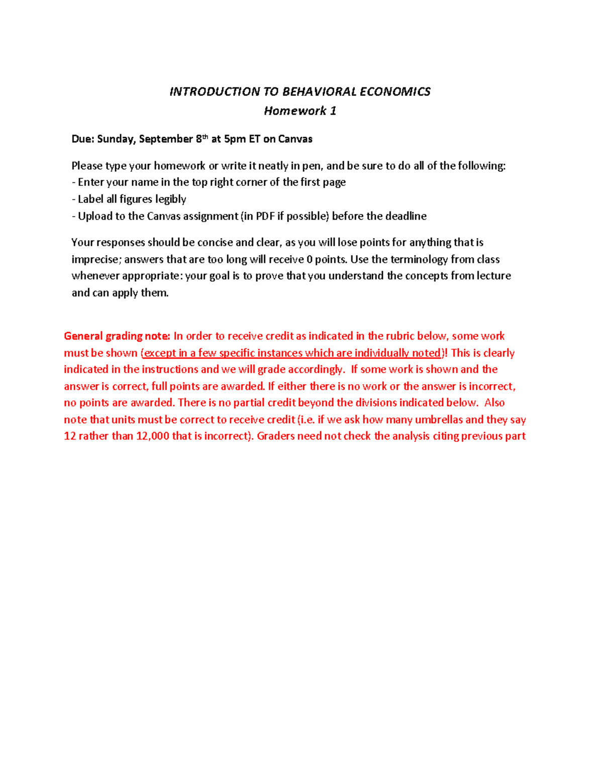 BEPP 0001 HW1 v2 Answer Key - INTRODUCTION TO BEHAVIORAL ECONOMICS Homework 1 Due: Sunday ...
