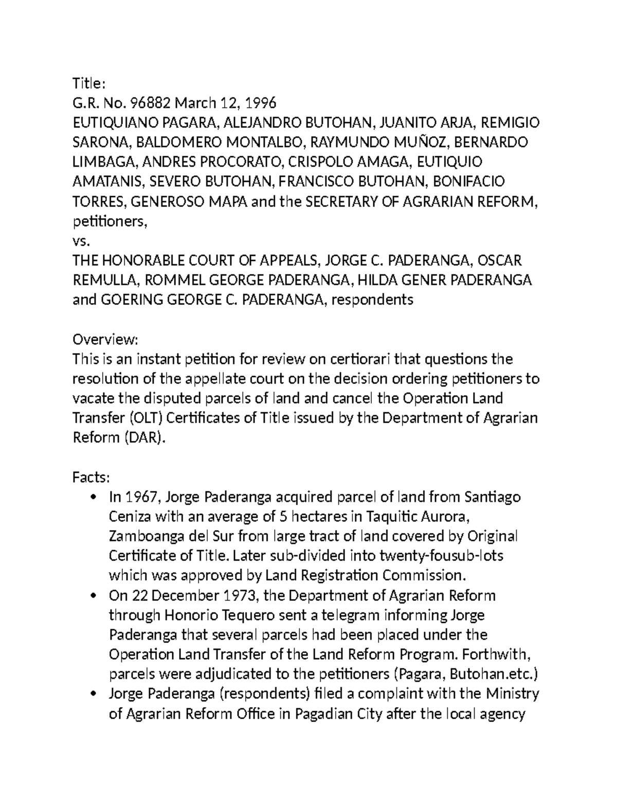 Pagara v CA case digest - Title: G. No. 96882 March 12, 1996 EUTIQUIANO ...