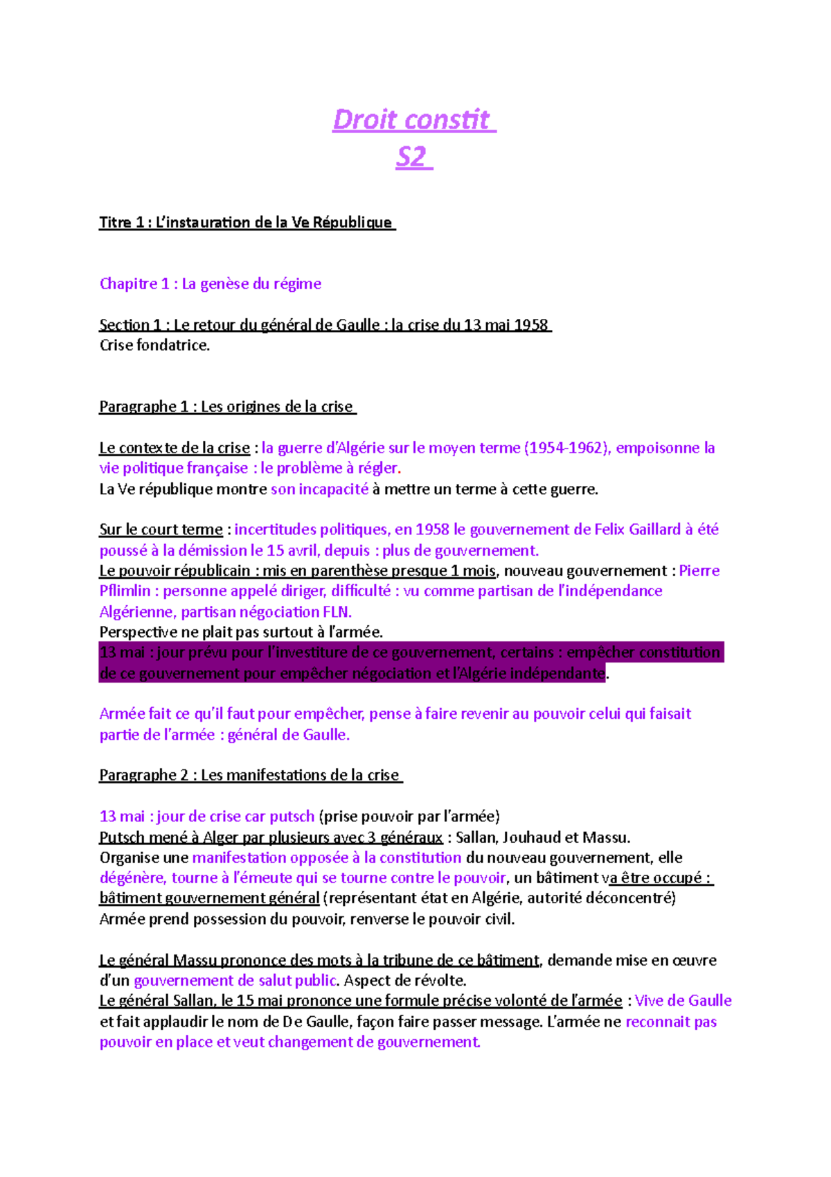 Droit constit S2 - Cours - Droit constit S Titre 1 : L’instauration de la Ve République Chapitre ...