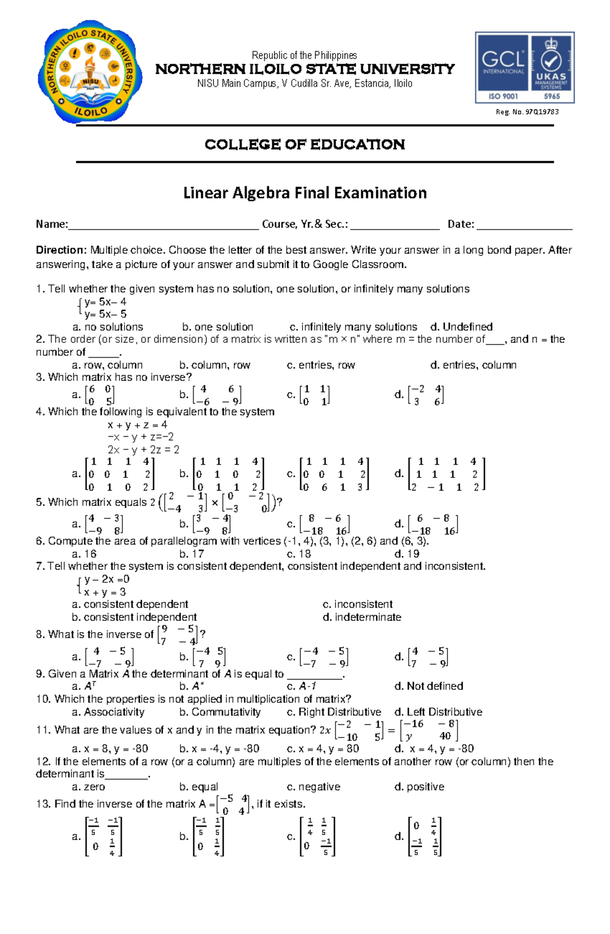 Linear Algebra Final Exam - Republic of the Philippines NORTHERN ILOILO ...