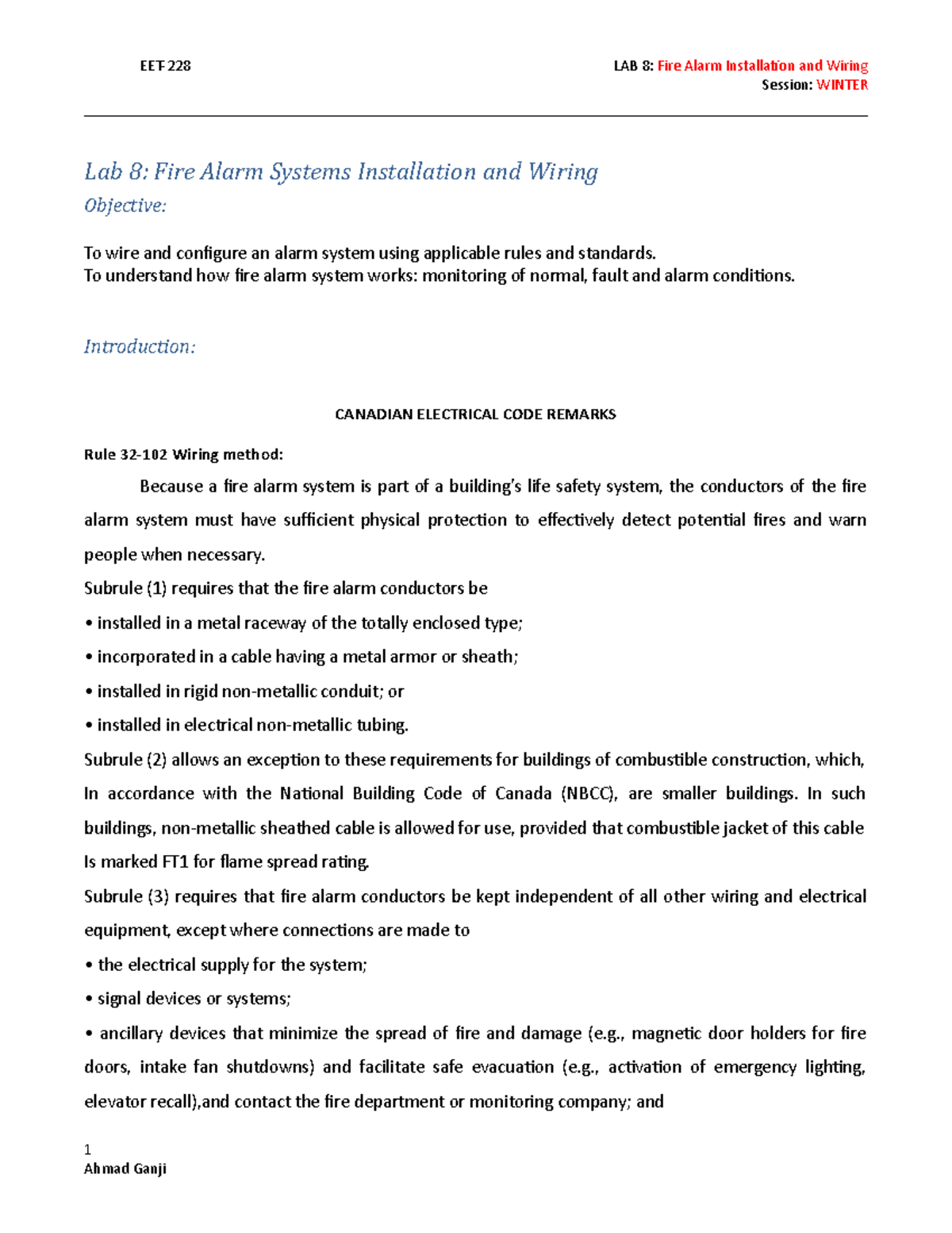 EET228 W23 Lab 8-Fire Alarm Installation and Class B Wiring - Session ...