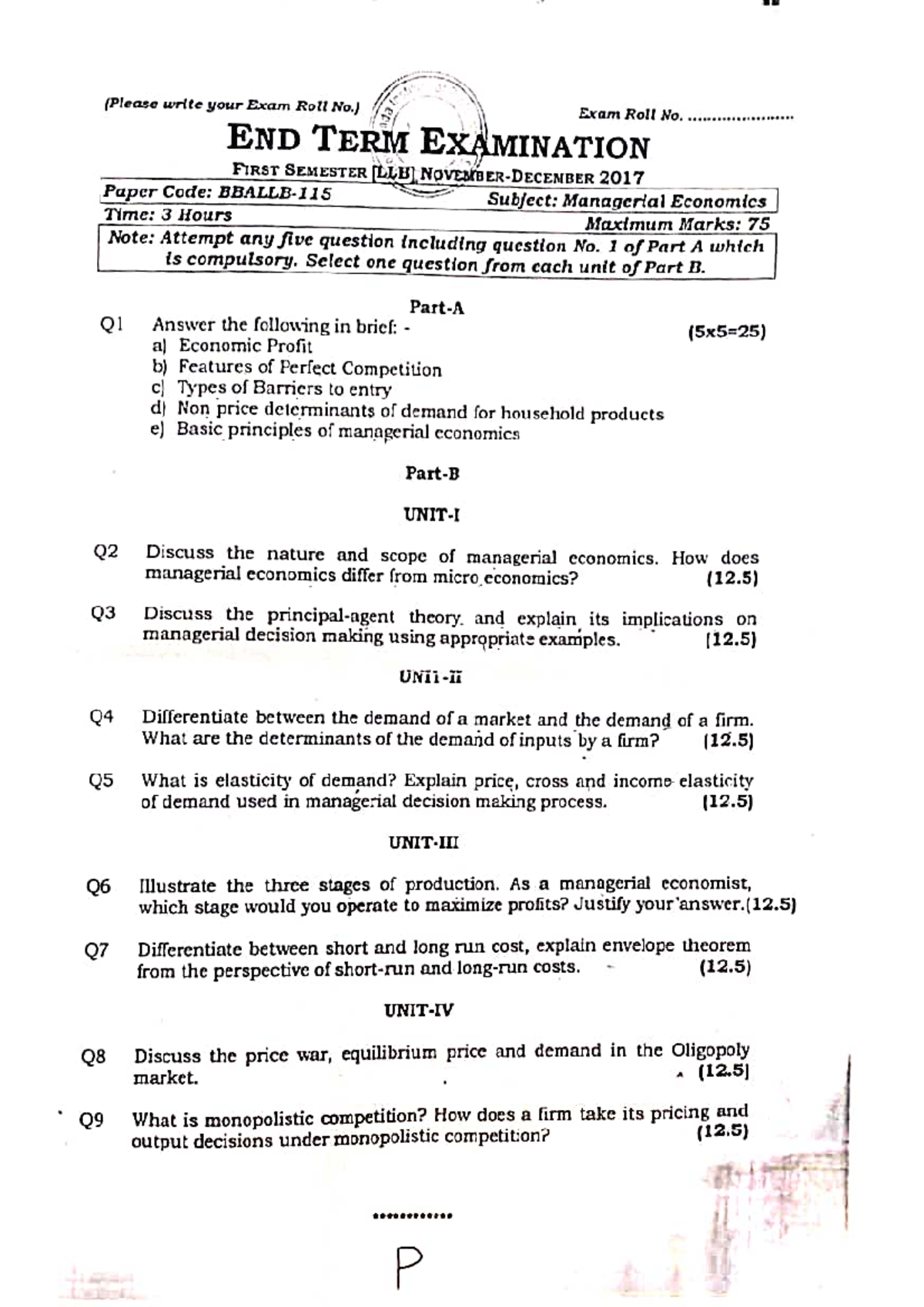 Managerial sem 1 - Paper - (Please write your Exam Roll No.) Exam Roll No. END TERM EXAMINATION ...