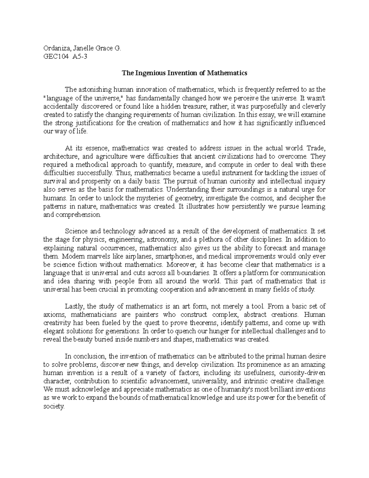 Mathematics is Invented - Ordaniza, Janelle Grace G. GEC104 A5- The ...