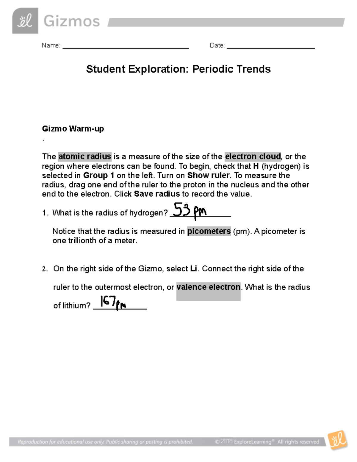 Periodic trends gizmo - Worksheet - Name: Date: Student Exploration ...