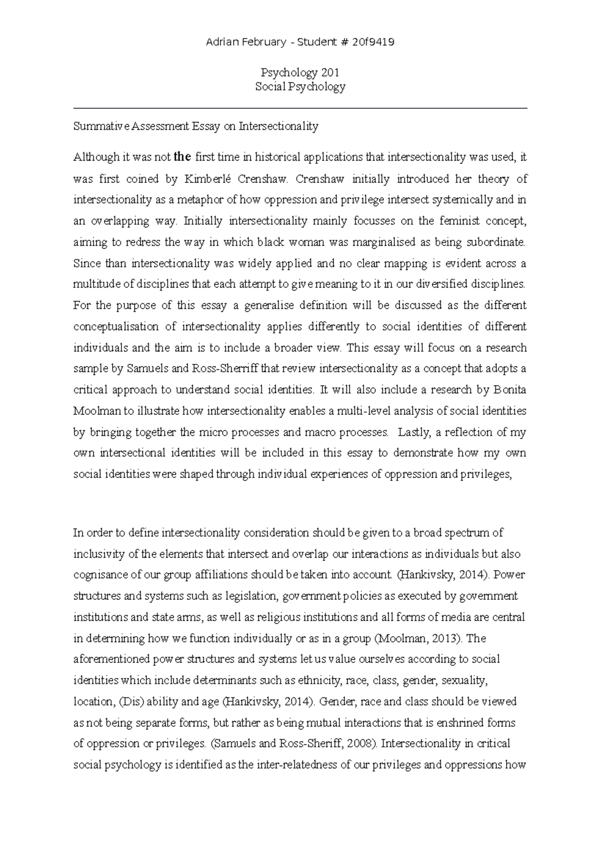 Social Psychology 201 Intersectionality Essay - Psychology 201 Social ...