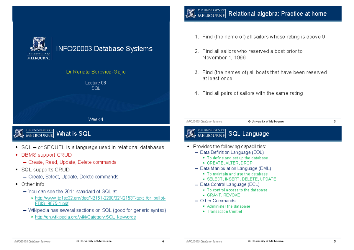 Lec 08 - Lecture 8 - INFO20003 Database Systems © University of ...