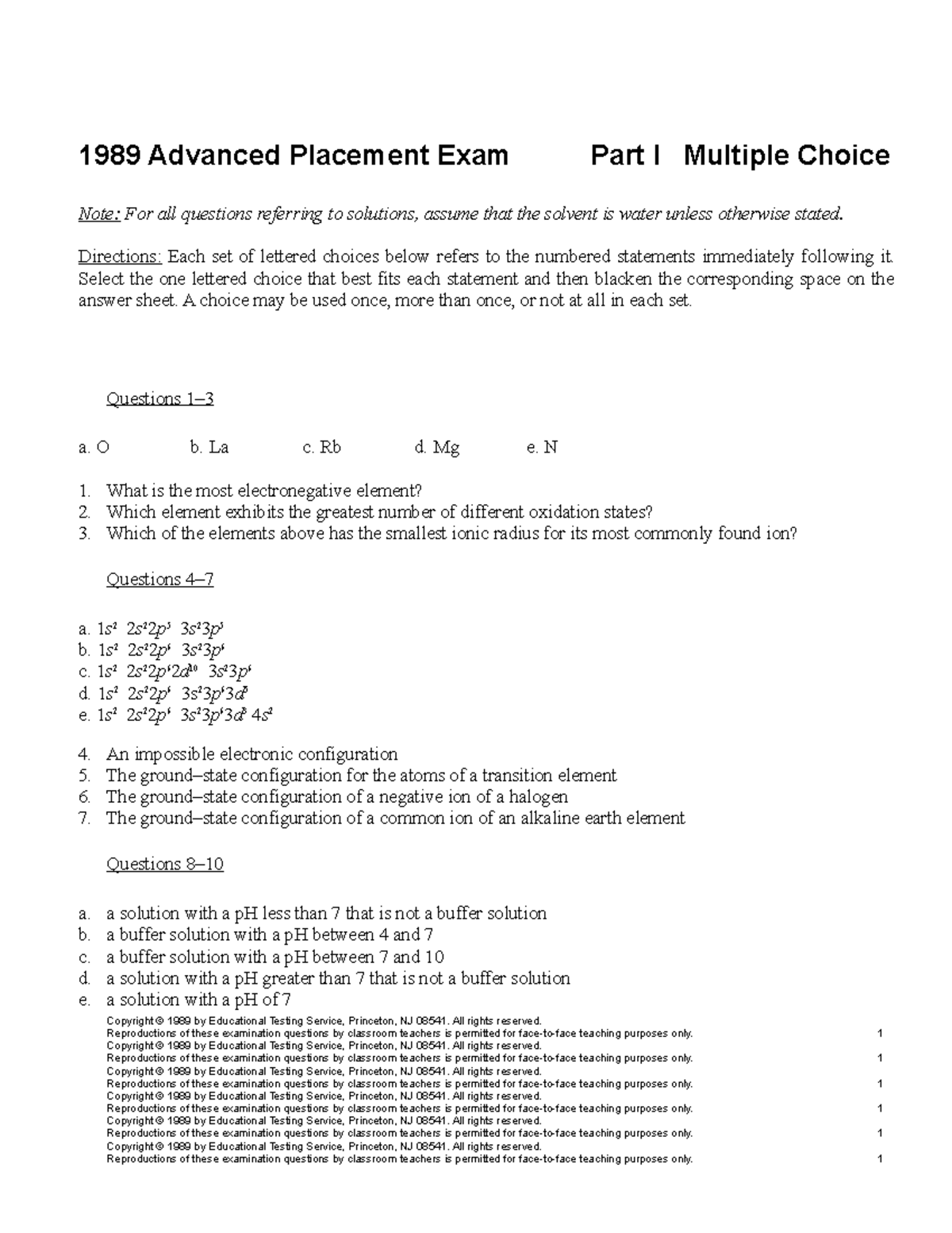 AP Chemistry 1989 MC - 1989 Advanced Placement Exam Part I Multiple ...