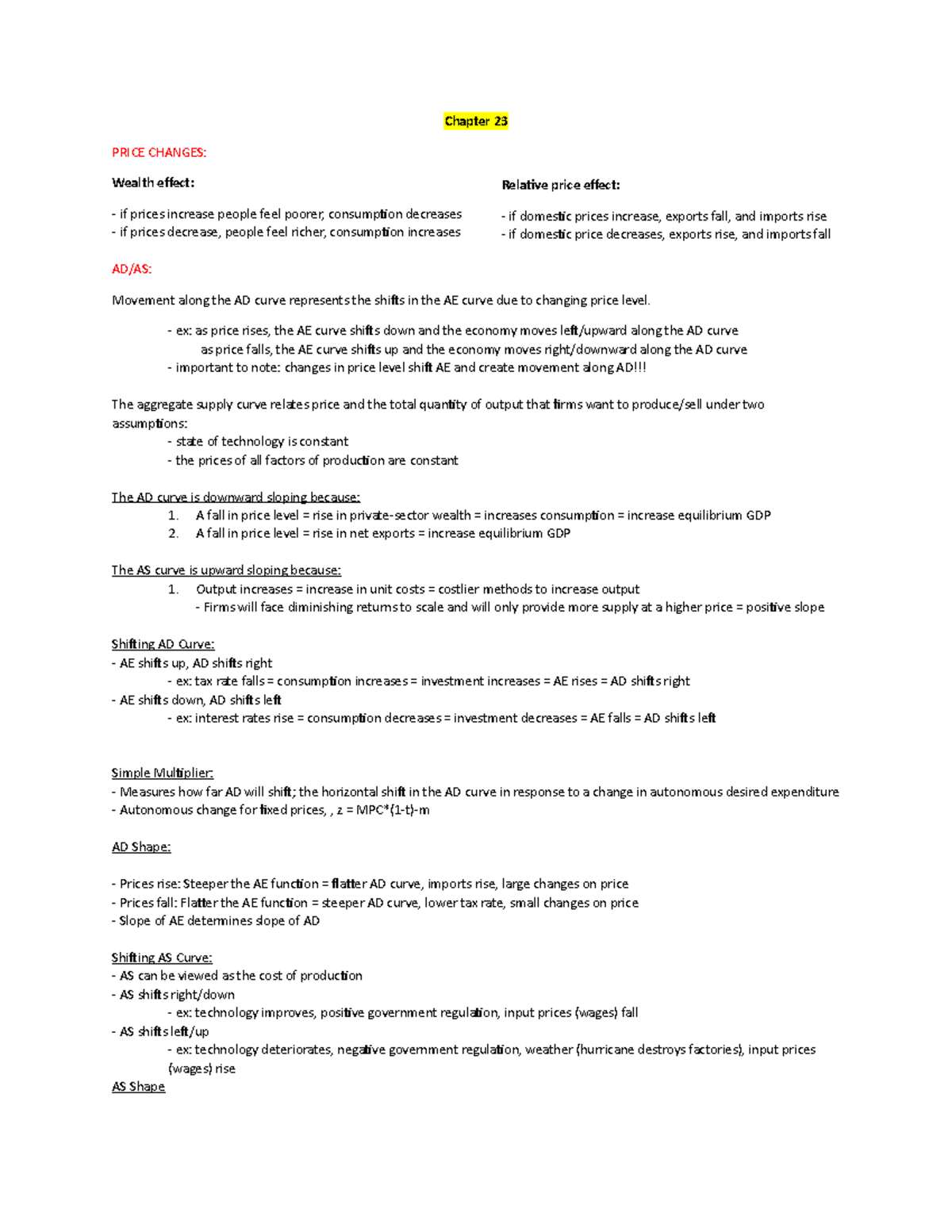 Condensed Econ Notes - Chapter 23 PRICE CHANGES: Wealth effect: if ...