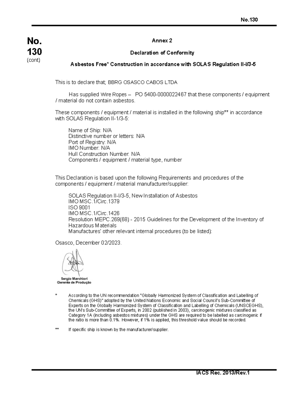 IACS Rec 130 - Asbestos Free Declaration Form (Manufacturers) - No ...