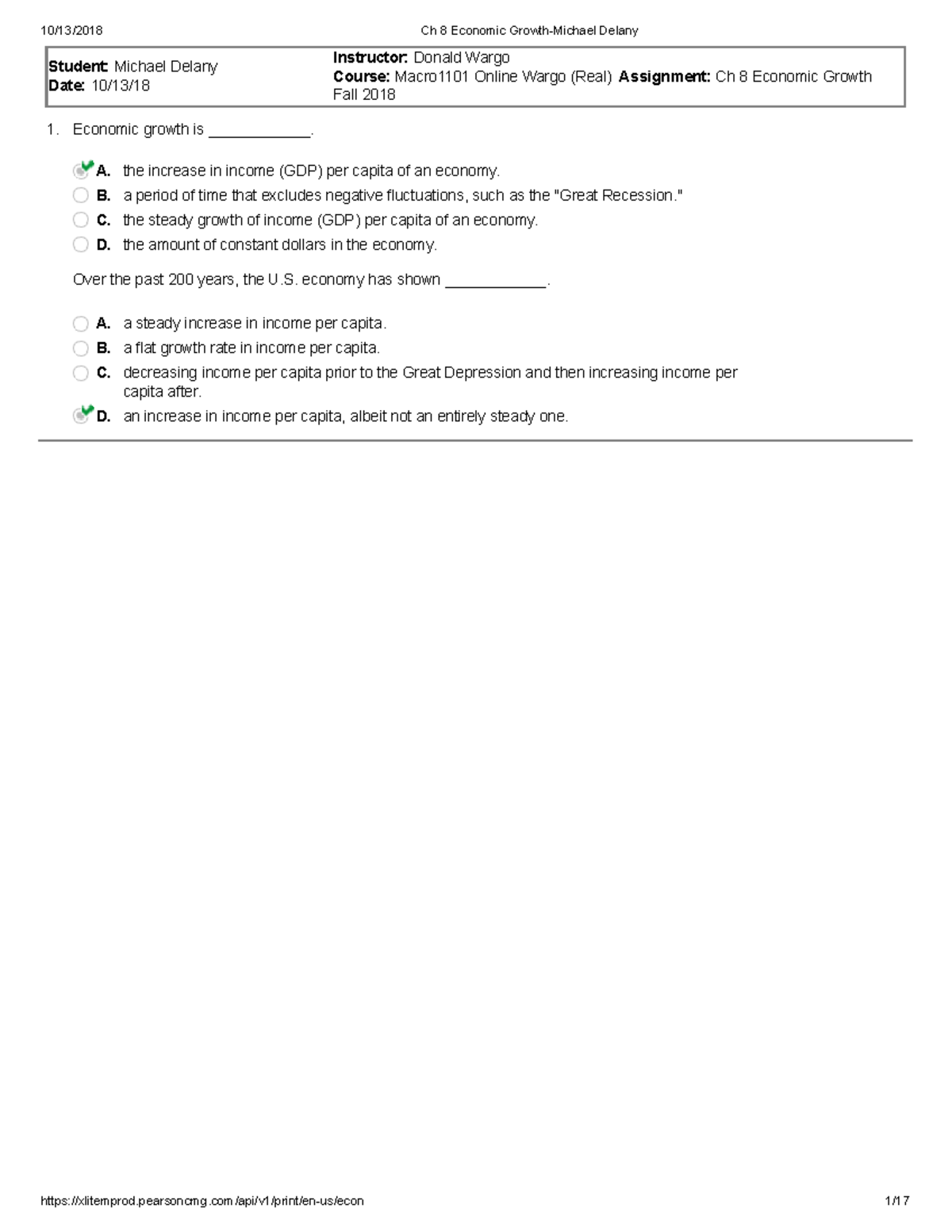 ECON1101 - Ch 8 Economic Growth Questions - 1. Student: Michael Delany ...