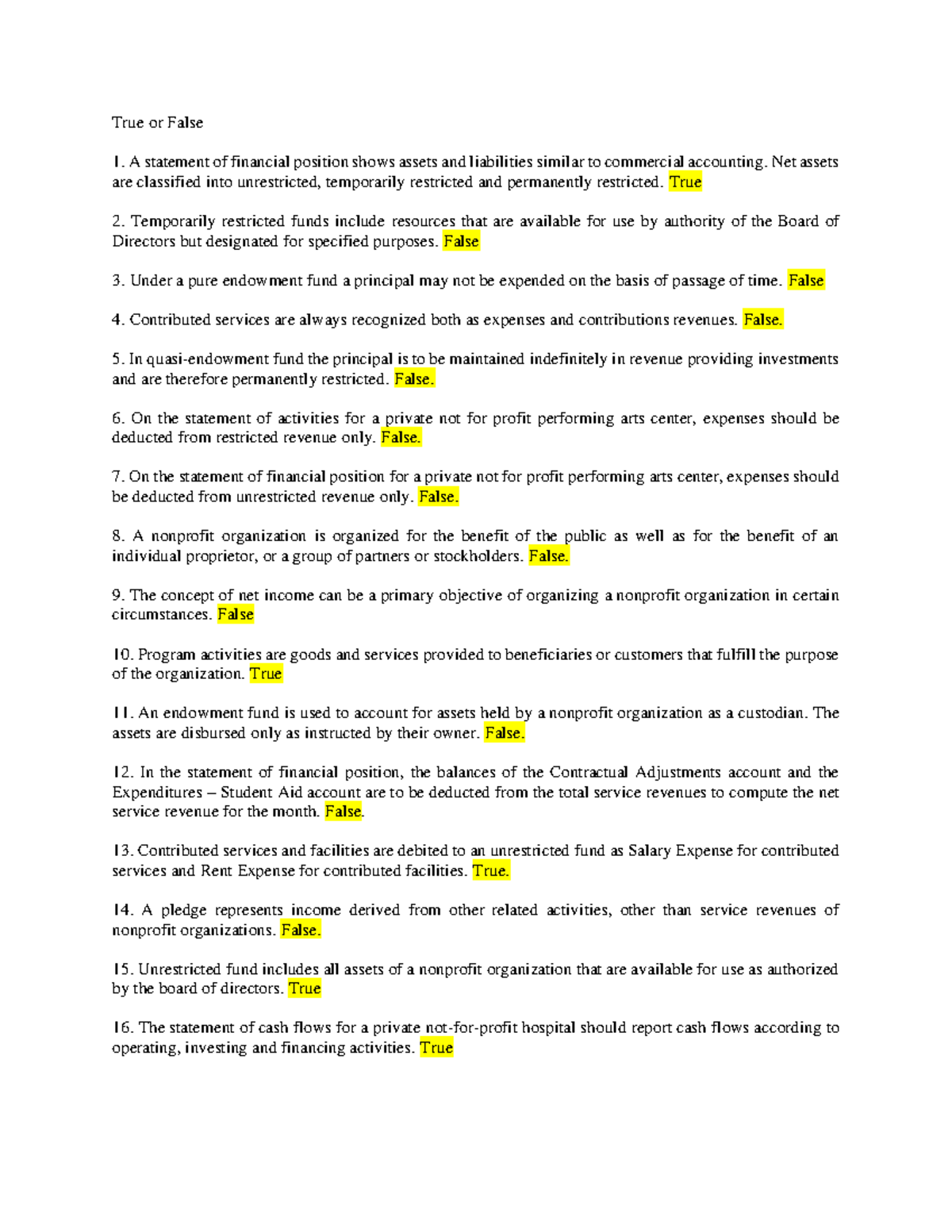 Npo assignment w key - Summary of the following statements about you ...