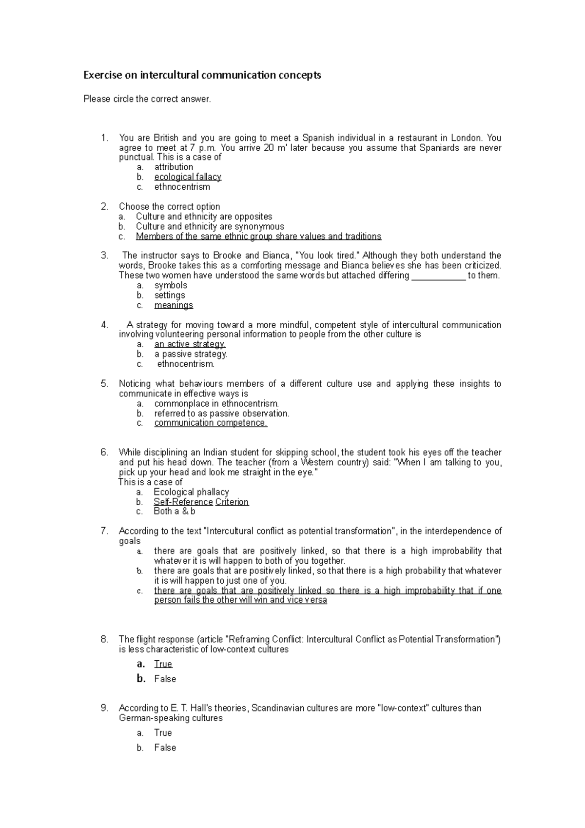 Exercise on intercultural communication concepts - Exercise on ...