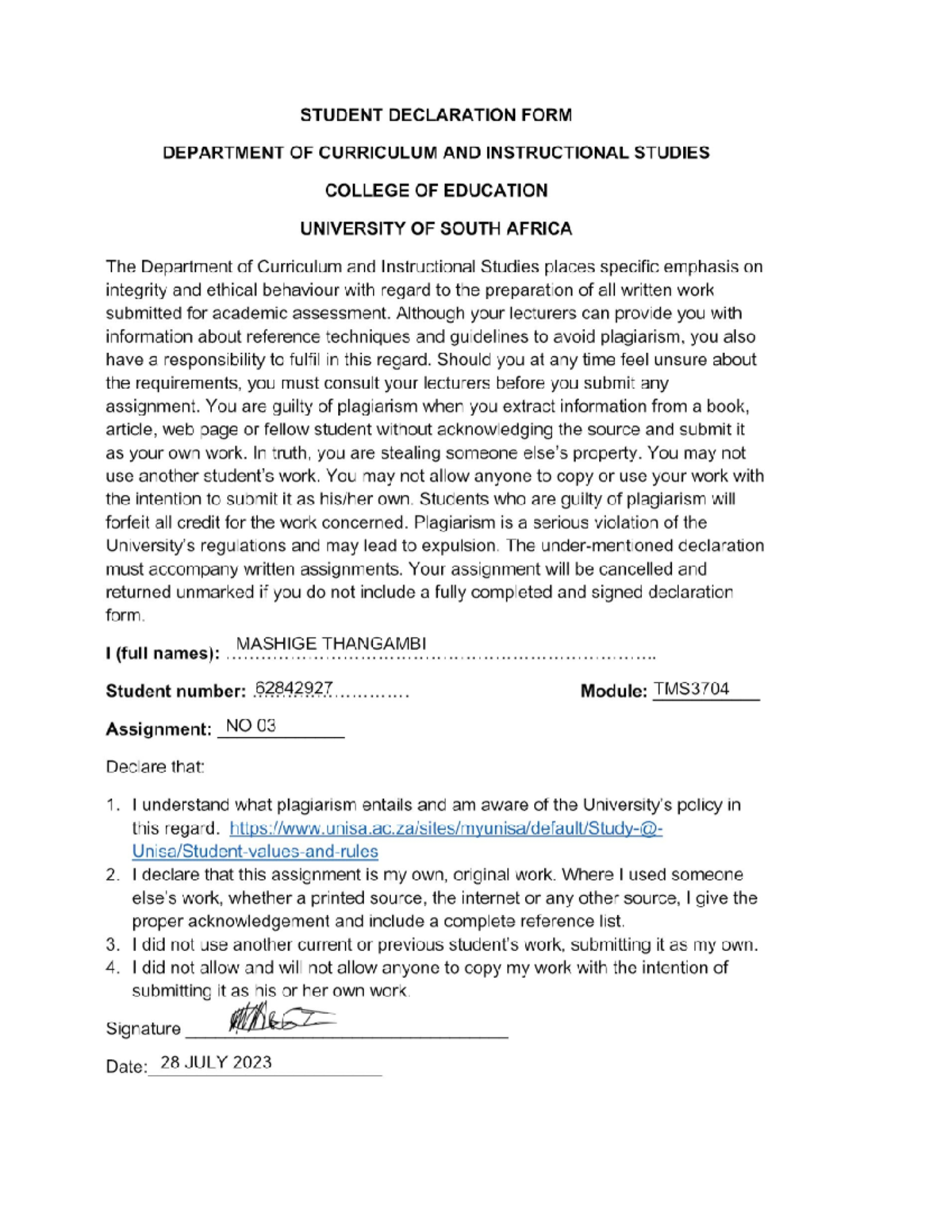 Tms3704 assign 03 final 28 JULY - STUDENT DECLARATION FORM DEPARTMENT ...