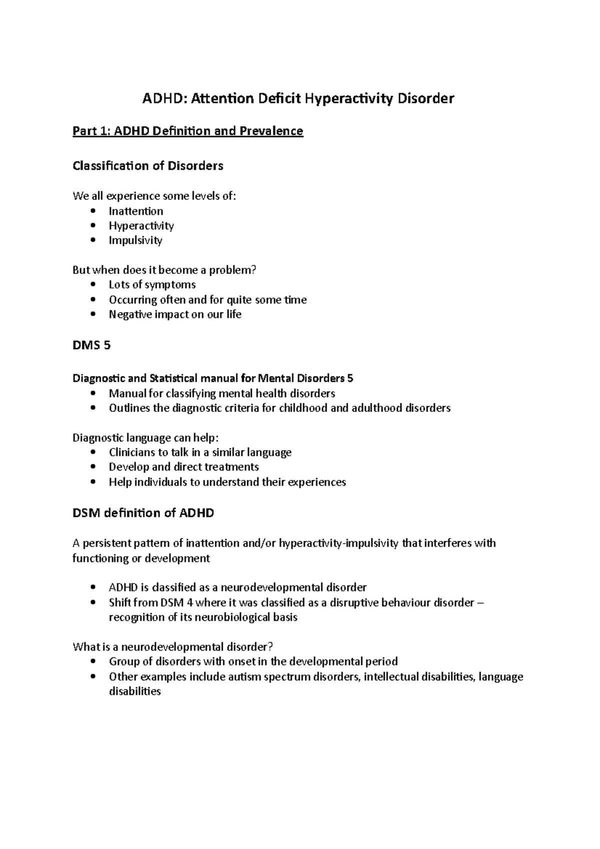 Week 8 - ADHD - HD notes - ADHD: Attention Deficit Hyperactivity ...