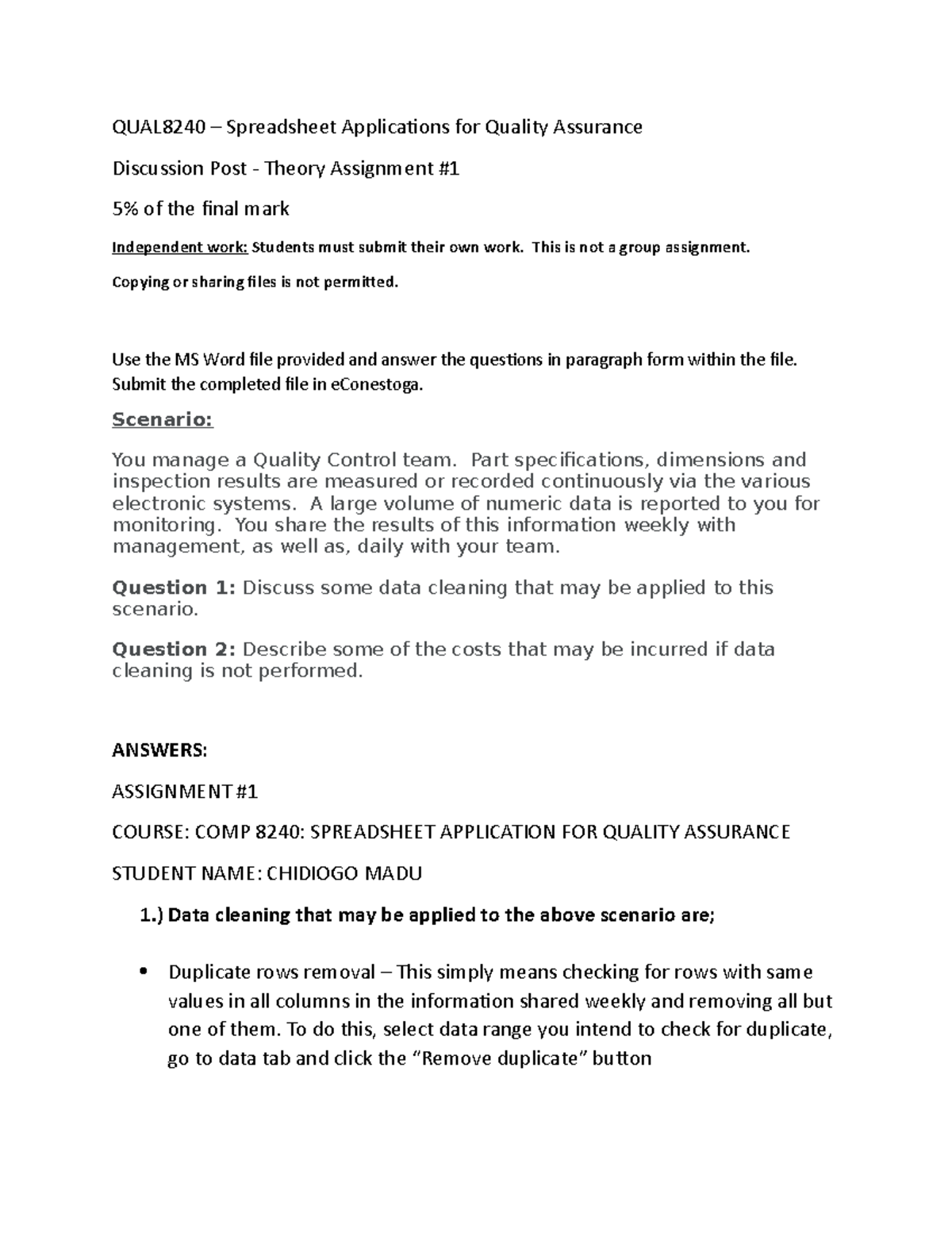 Assigment # 1 COMP 8240 - Satisfactory - QUAL8240 – Spreadsheet ...