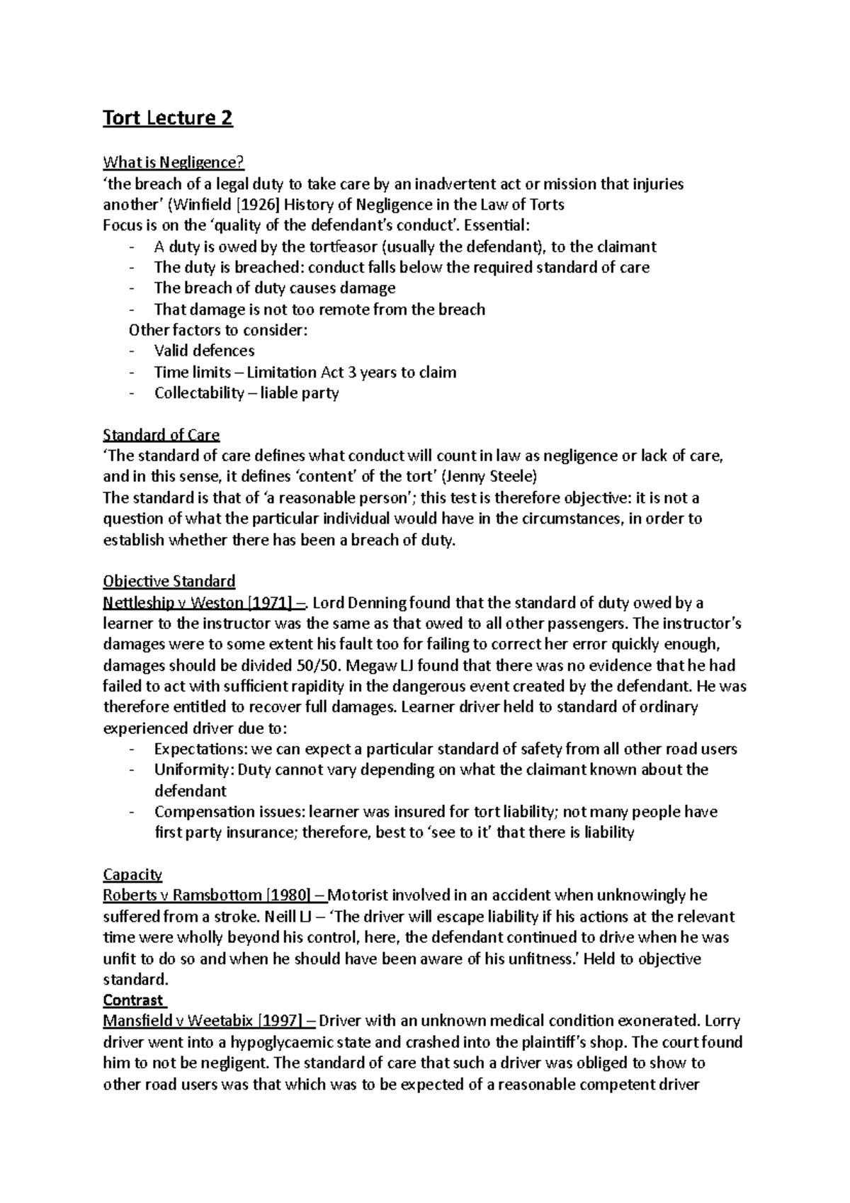 Tort Lecture 2 - Negligence-University of Winchester - Tort Lecture 2 What is Negligence? ‘the ...