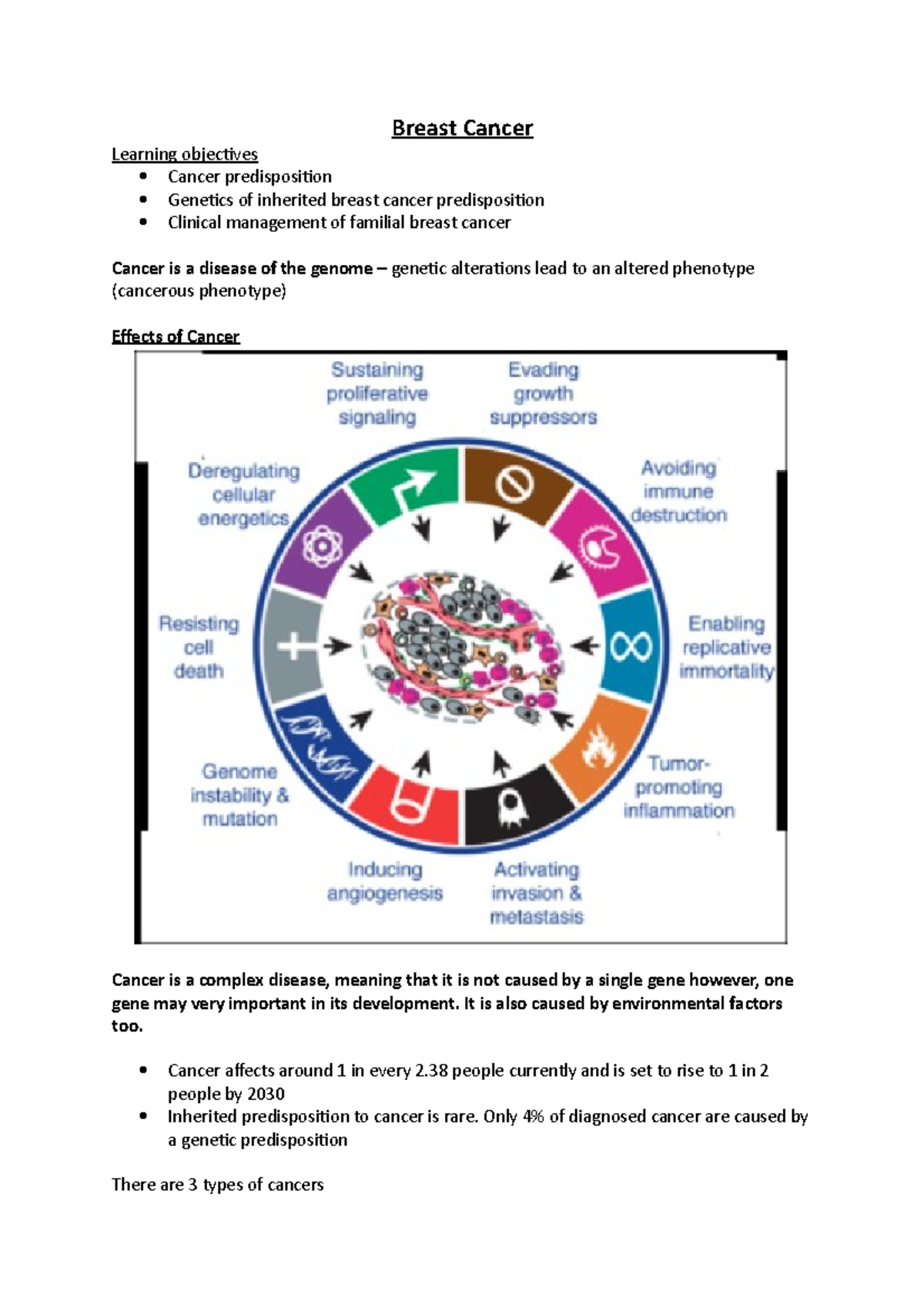 Breast Cancer - Lt 16 - Lecture notes 16 - BIO323 - QMUL - Studocu