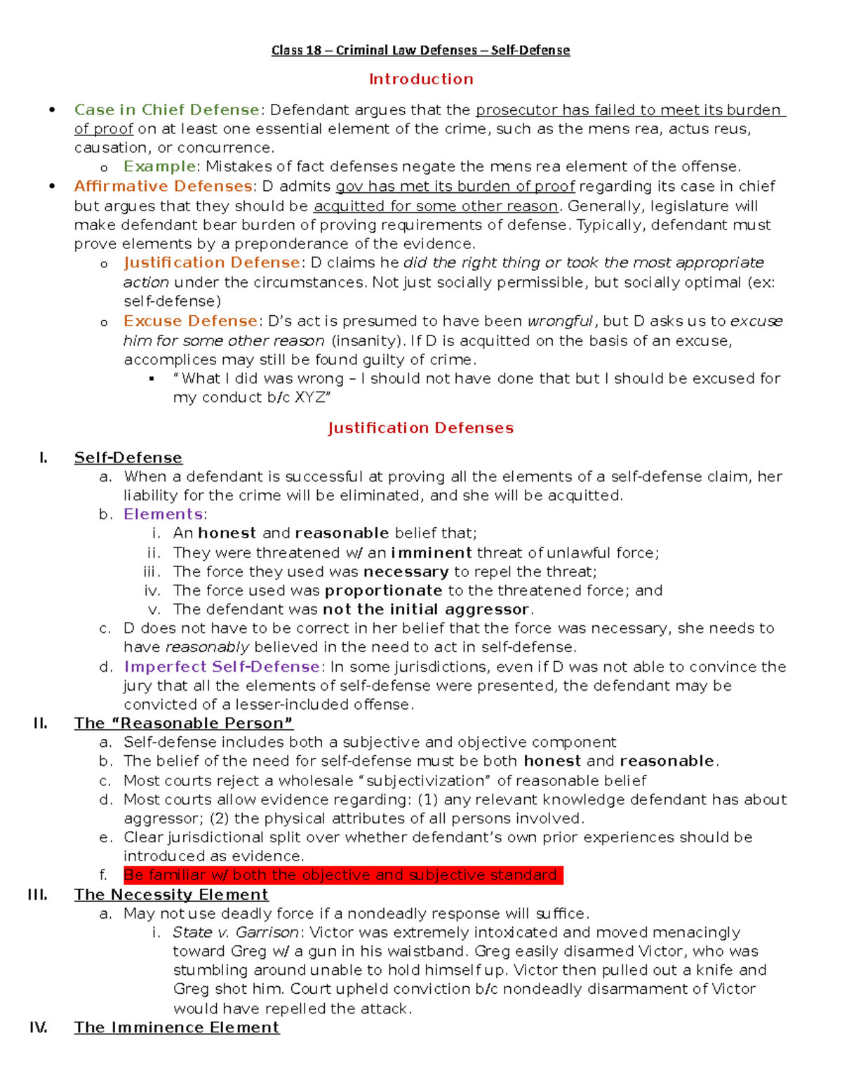 Criminal Law Defenses – Self-Defense - Class 18 – Criminal Law Defenses ...