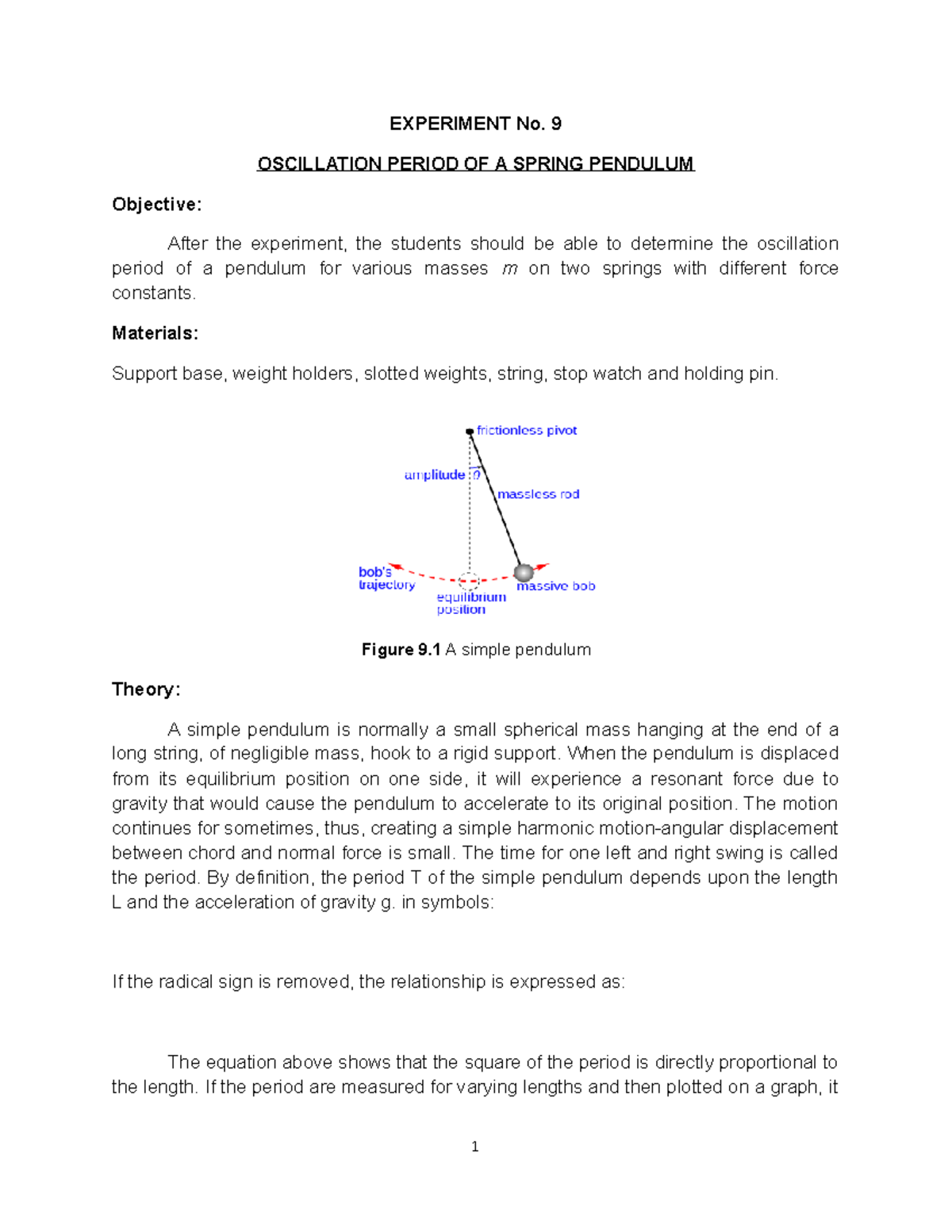 Expt. no. 9 Oscillation - EXPERIMENT No. 9 OSCILLATION PERIOD OF A ...