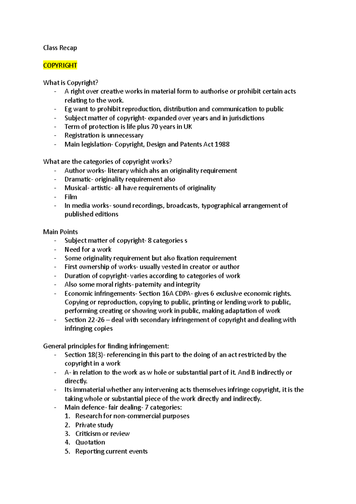 IP Course Recap - Class Recap COPYRIGHT What is Copyright? - A right ...