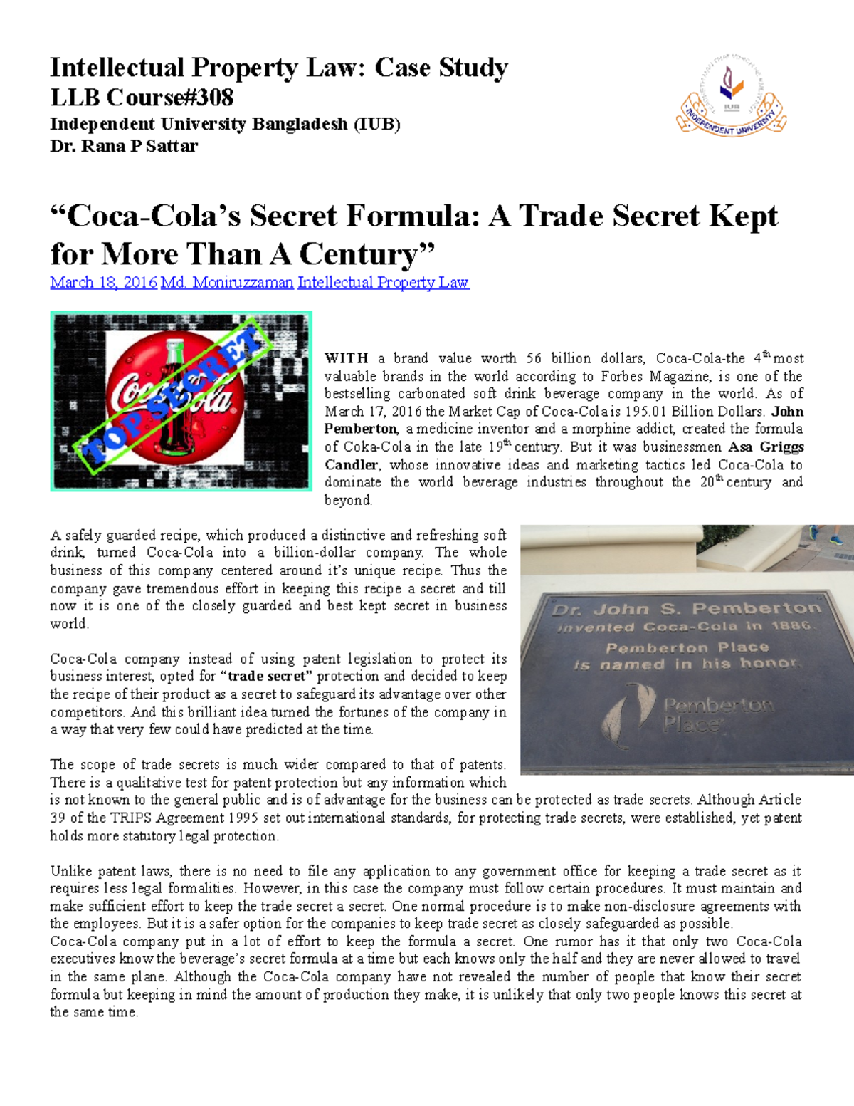 Coca-Cola-Case - Lecture notes 1 - Intellectual Property Law: Case ...