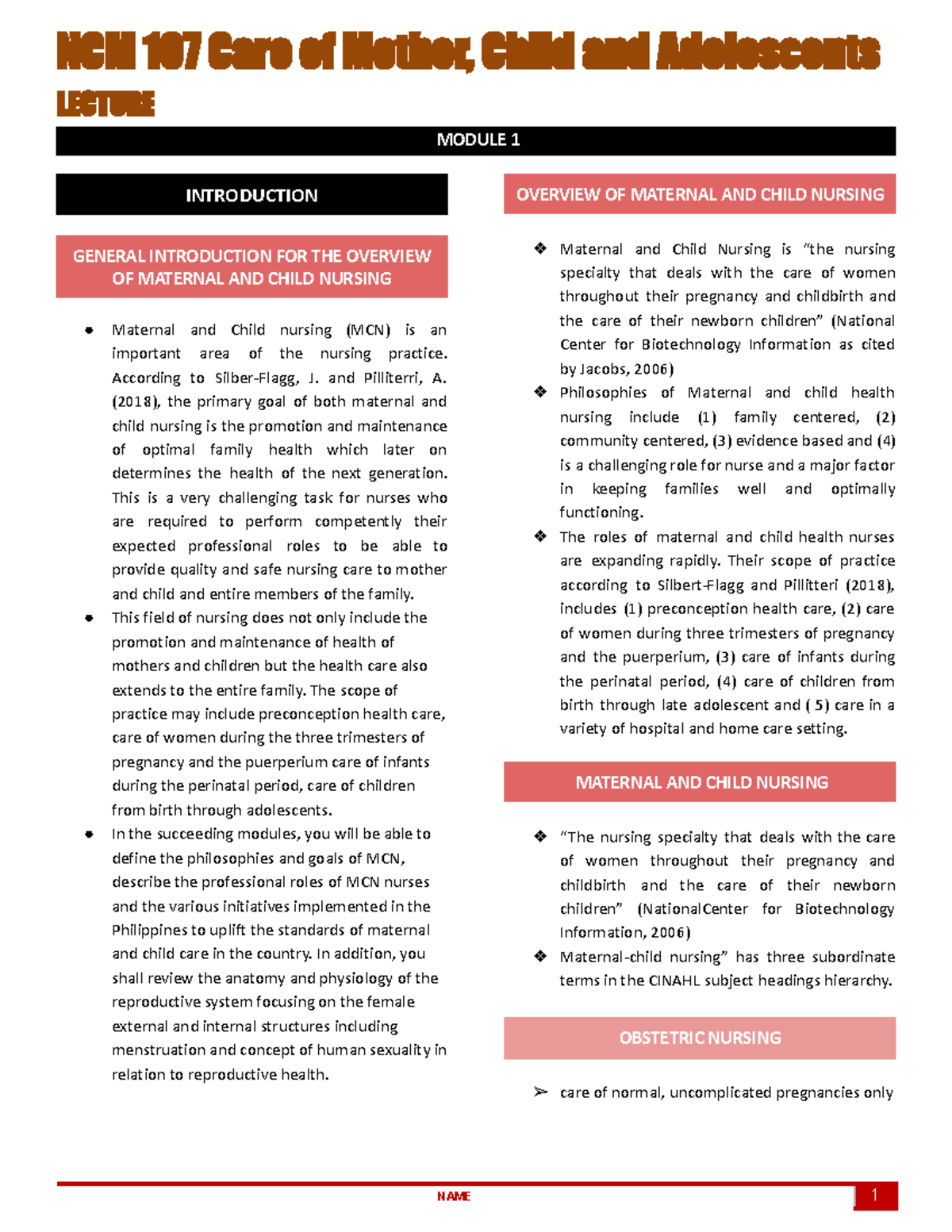 Maternal and Child Nursing Care - NCM 107 Care of Mother, Child and ...