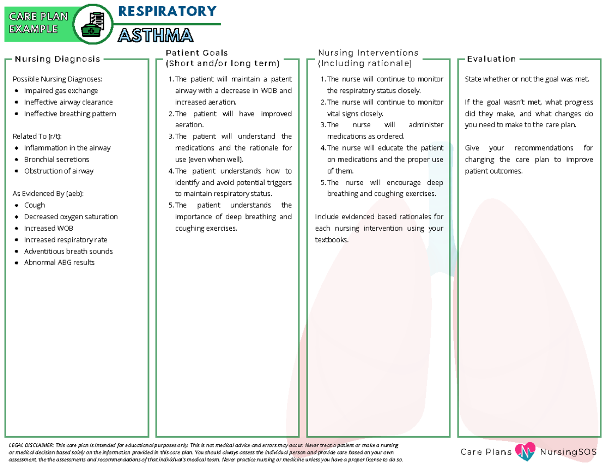 Example - Care Plan - Asthma - C a r e P l a n s N u r s i n g S O S ...